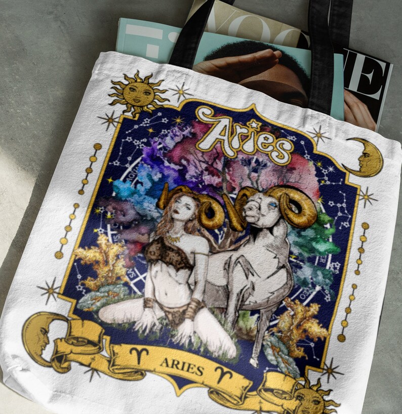 Aries Zodiac Tote Birthday Graphic Bday Tarot Print Boho - Etsy