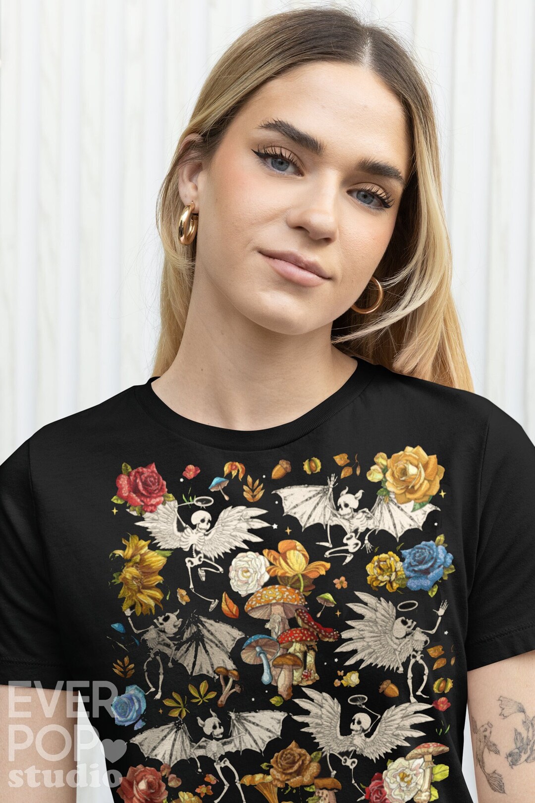 Camisa Angel Devil, esqueleto bailando, camiseta espeluznante de calavera, estampado de rosa de ...