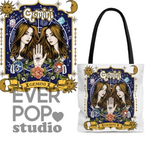 Gemini Zodiac Tote, Sun Moon Star Print, Celestial Graphic, Boho Gothic ...