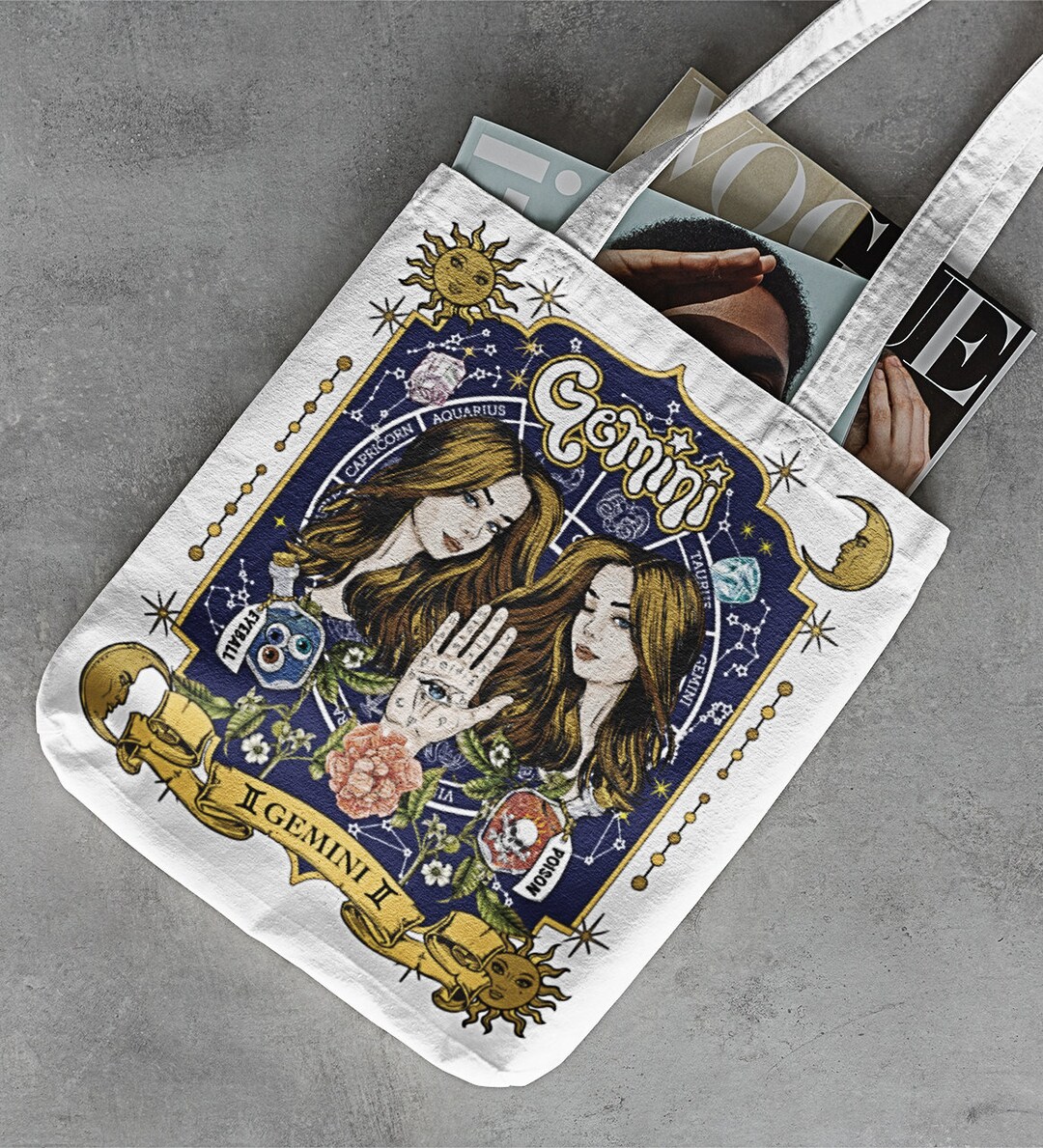 Gemini Zodiac Tote, Sun Moon Star Print, Celestial Graphic, Boho Gothic ...