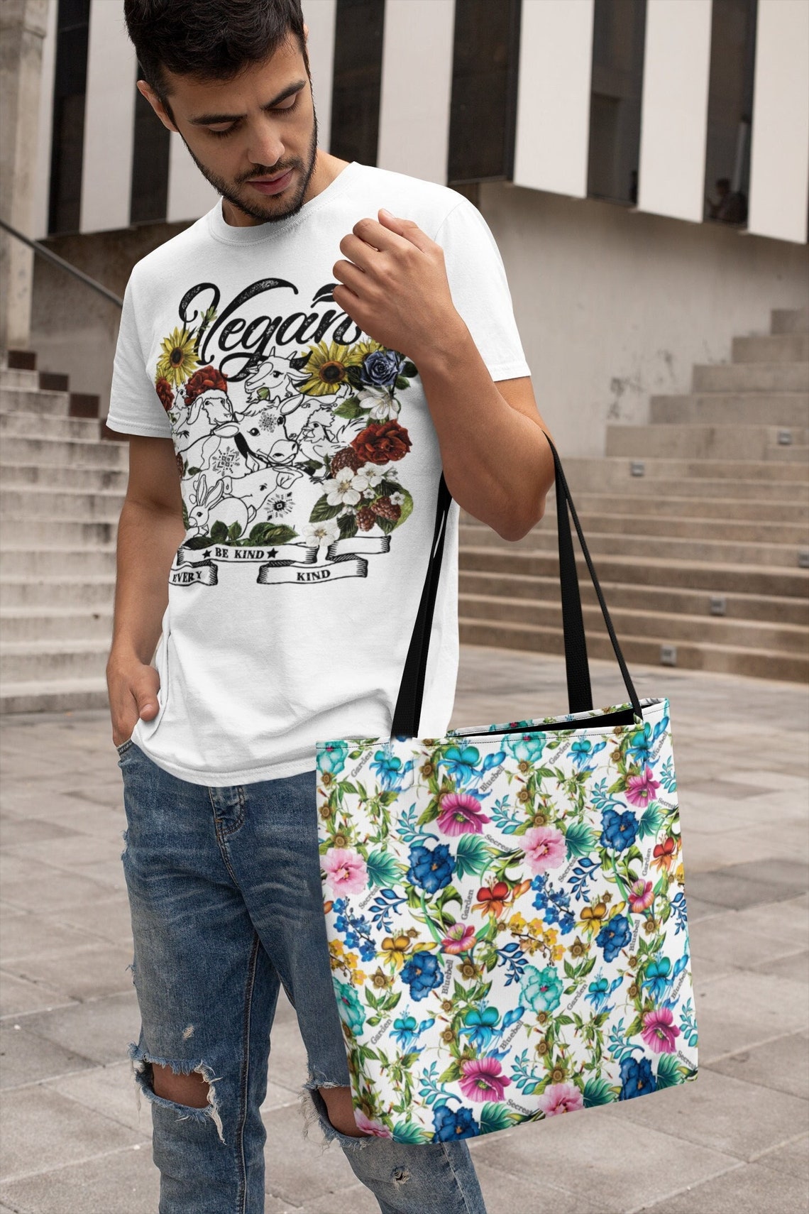 Blue Floral Tote Bag Aesthetic Flower Cool Reusable Fabric - Etsy