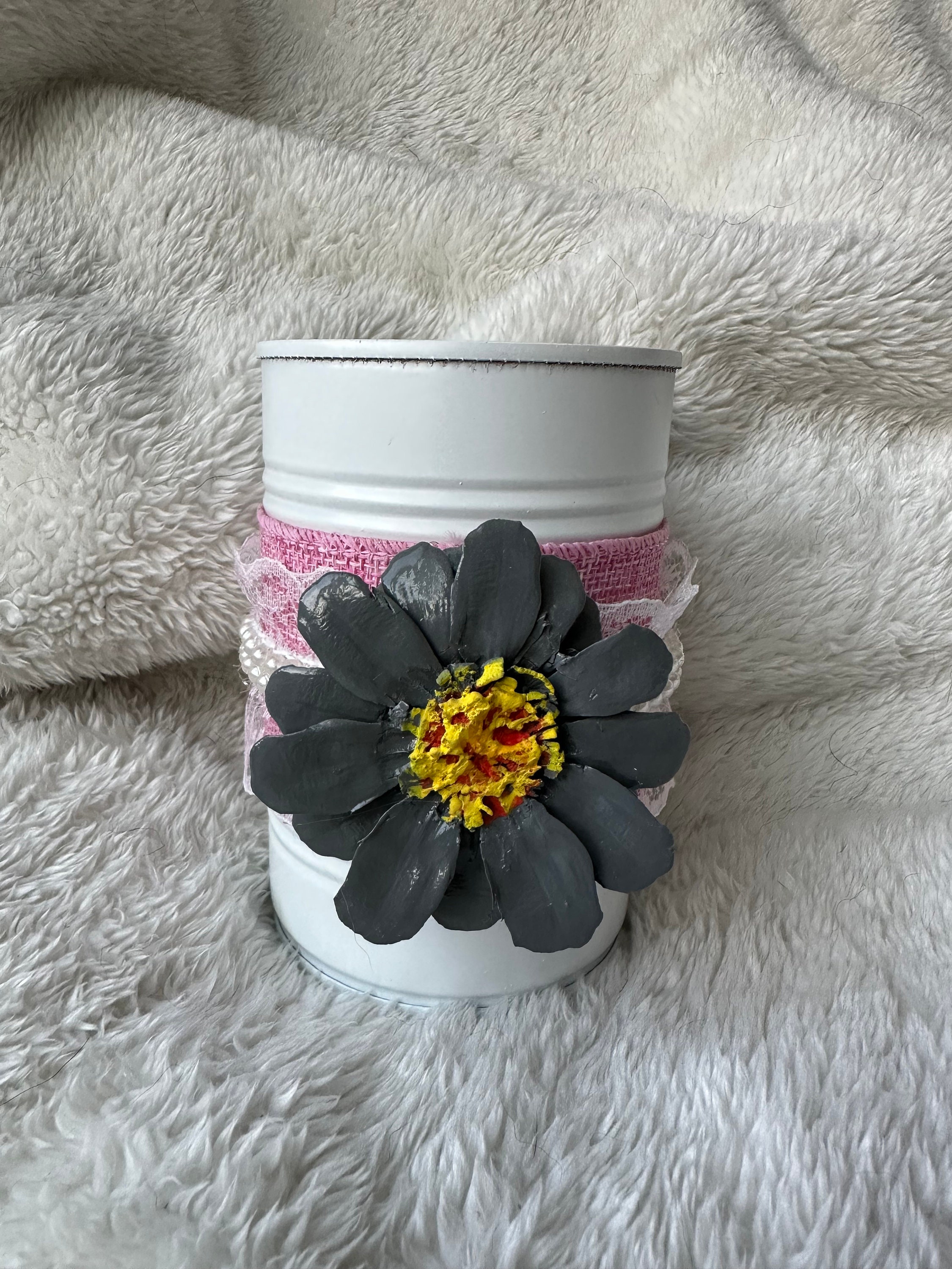 Repurposed Tin Can With Pretty Painted Pinecone Flower With Burlap and ...