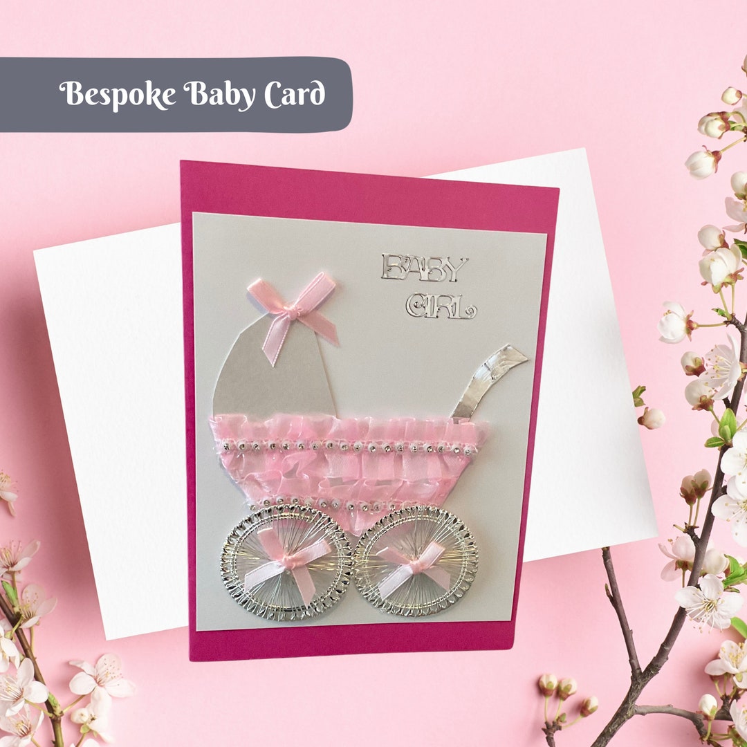 Pink Baby Girl Birth Congratulations Card , Keepsake Pram Design for ...