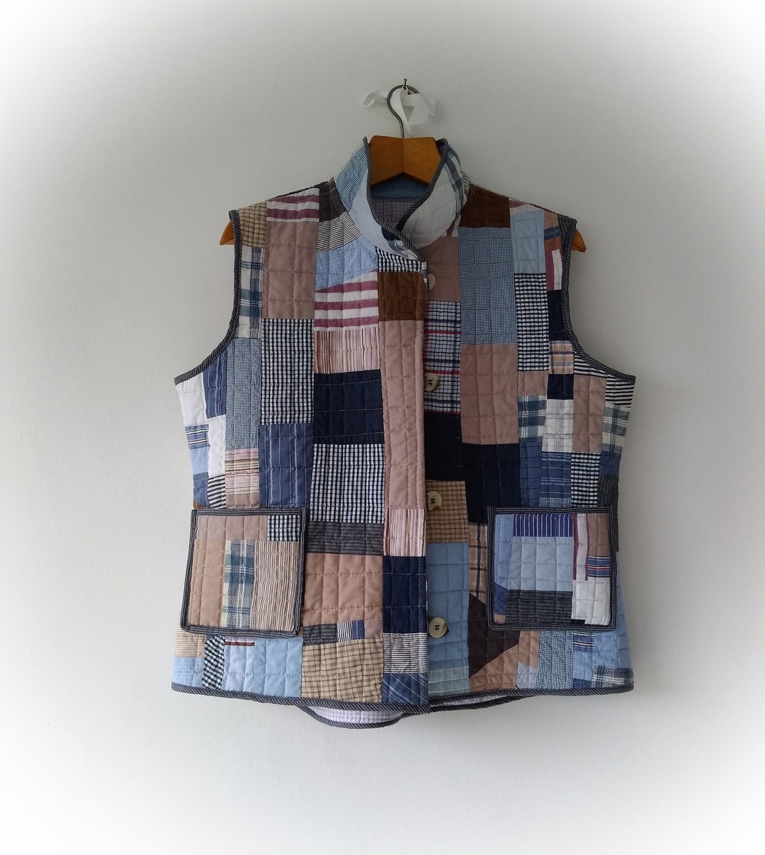 Nueva chaqueta sin mangas acolchada con patchwork, chaleco de algodón de gran tamaño - Etsy España