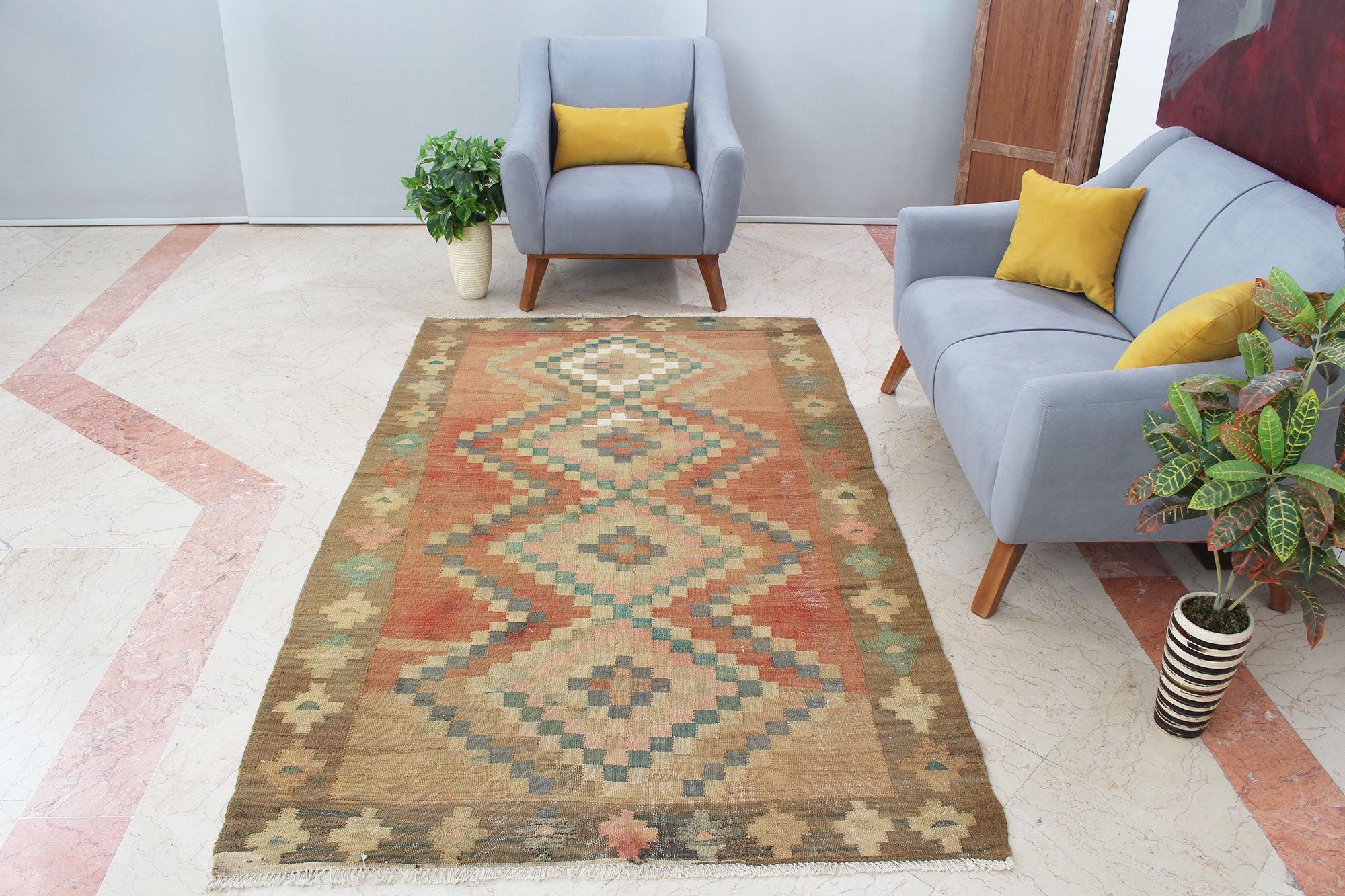 Traditional Geometric Kilim Rug 5x8 Hooked Area Kilim Rug | Etsy