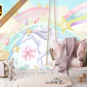 Unicorn Accent Wallpaper Girls Room. Unicorn Theme Wall Mural Peel ...
