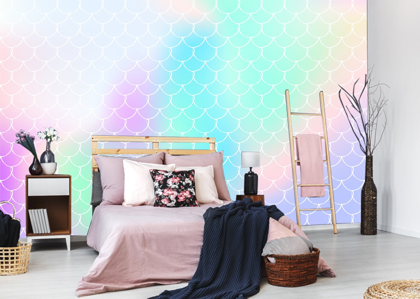 Mermaid Tail Wallpaper for Girl Nursery. Blue and Pink Mermaid - Etsy