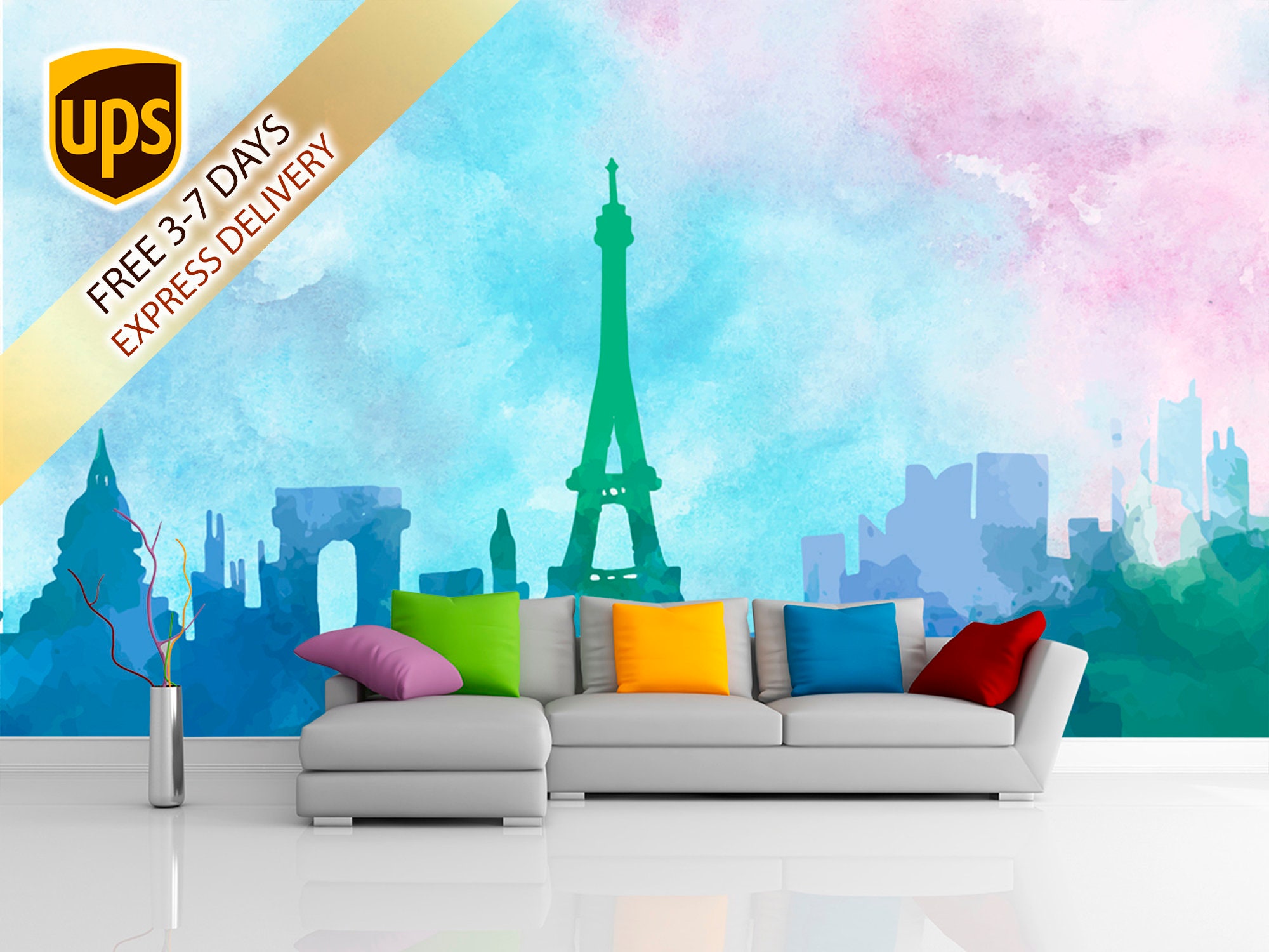 Paris Accent Wallpaper Removable. Cityscape Wall Mural. Eiffel | Etsy