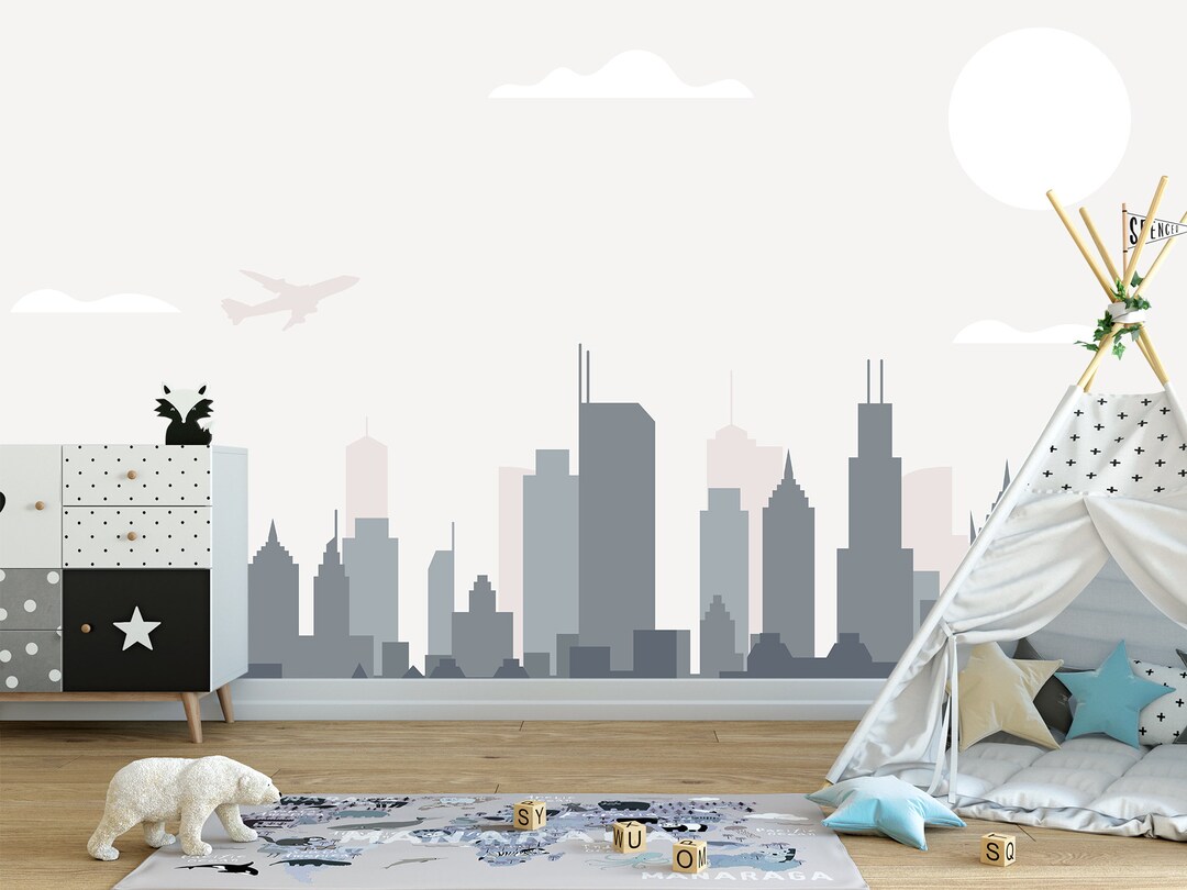 Town Wall Mural Boys Room Removable. Buildings Houses Skyline Wallpaper ...