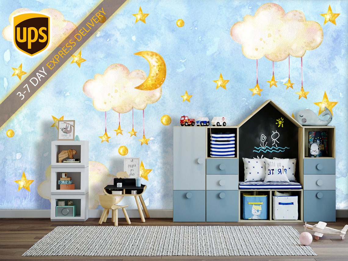 Night Wallpaper for Nursery Moon With Stars Wallpaper | Etsy