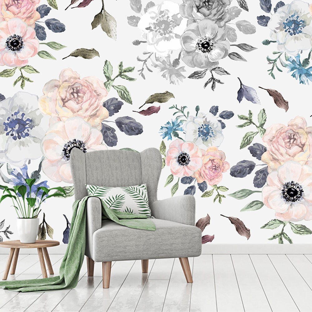 Removable Floral Wallpaper Color Flowers Wallpaper Eco Etsy