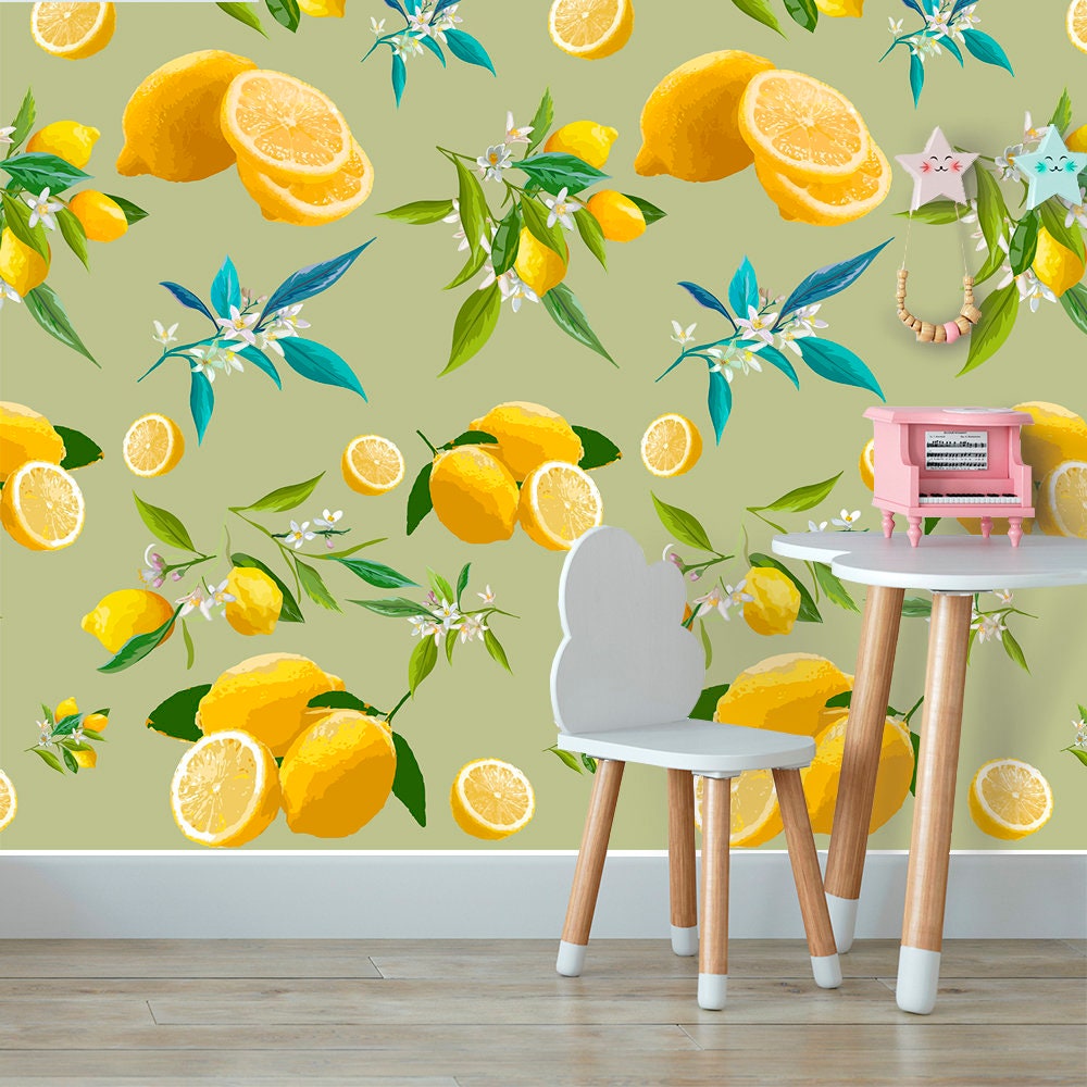 Lemon Wallpaper. Lemons With Leaves Wallpaper. Floral - Etsy
