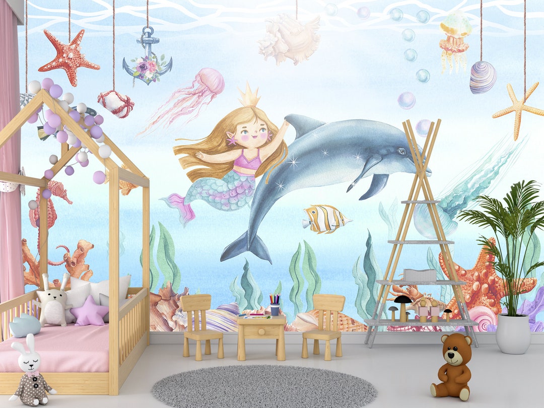 Nautical Wallpaper Toddler Room, Mermaid Wall Mural Girl Nursery, Blue ...