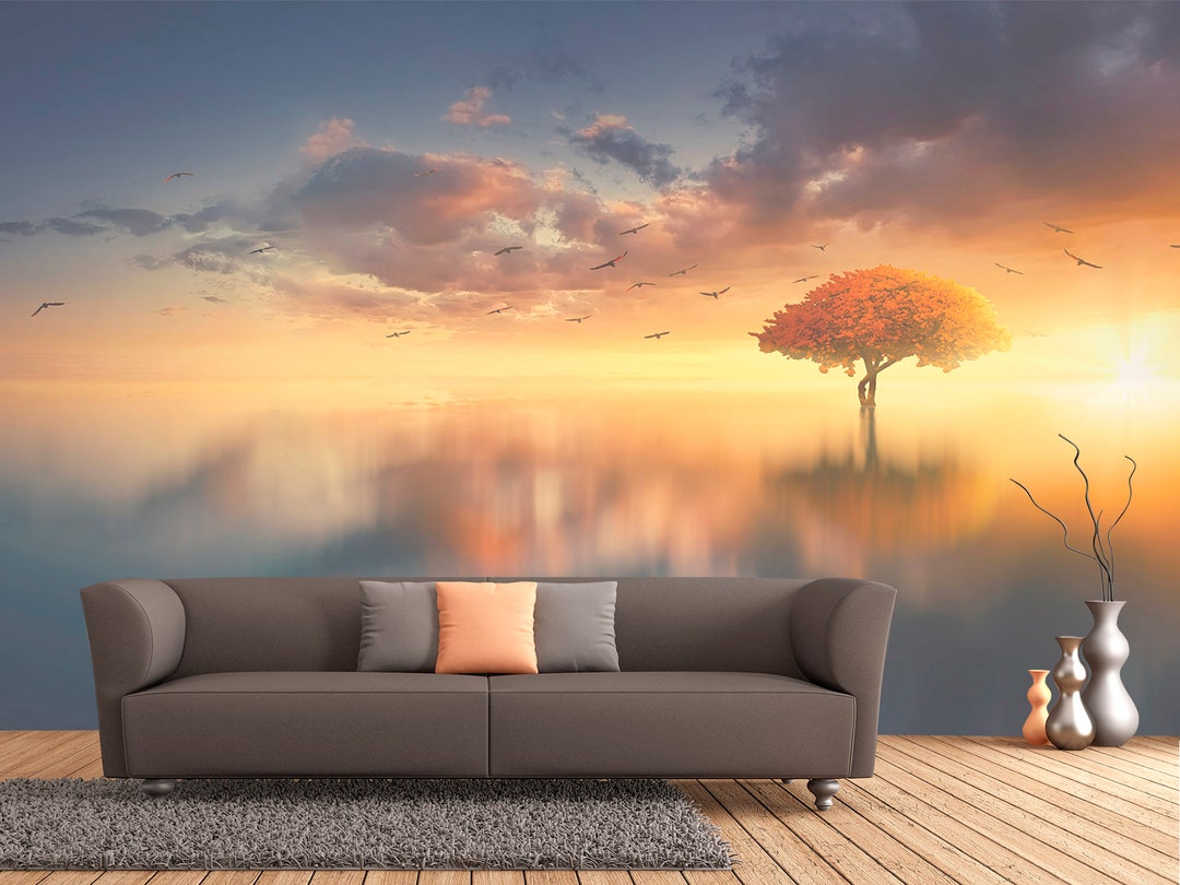 Lake Wallpaper, Landscape Trees Wall Mural Water With Birds Mural ...