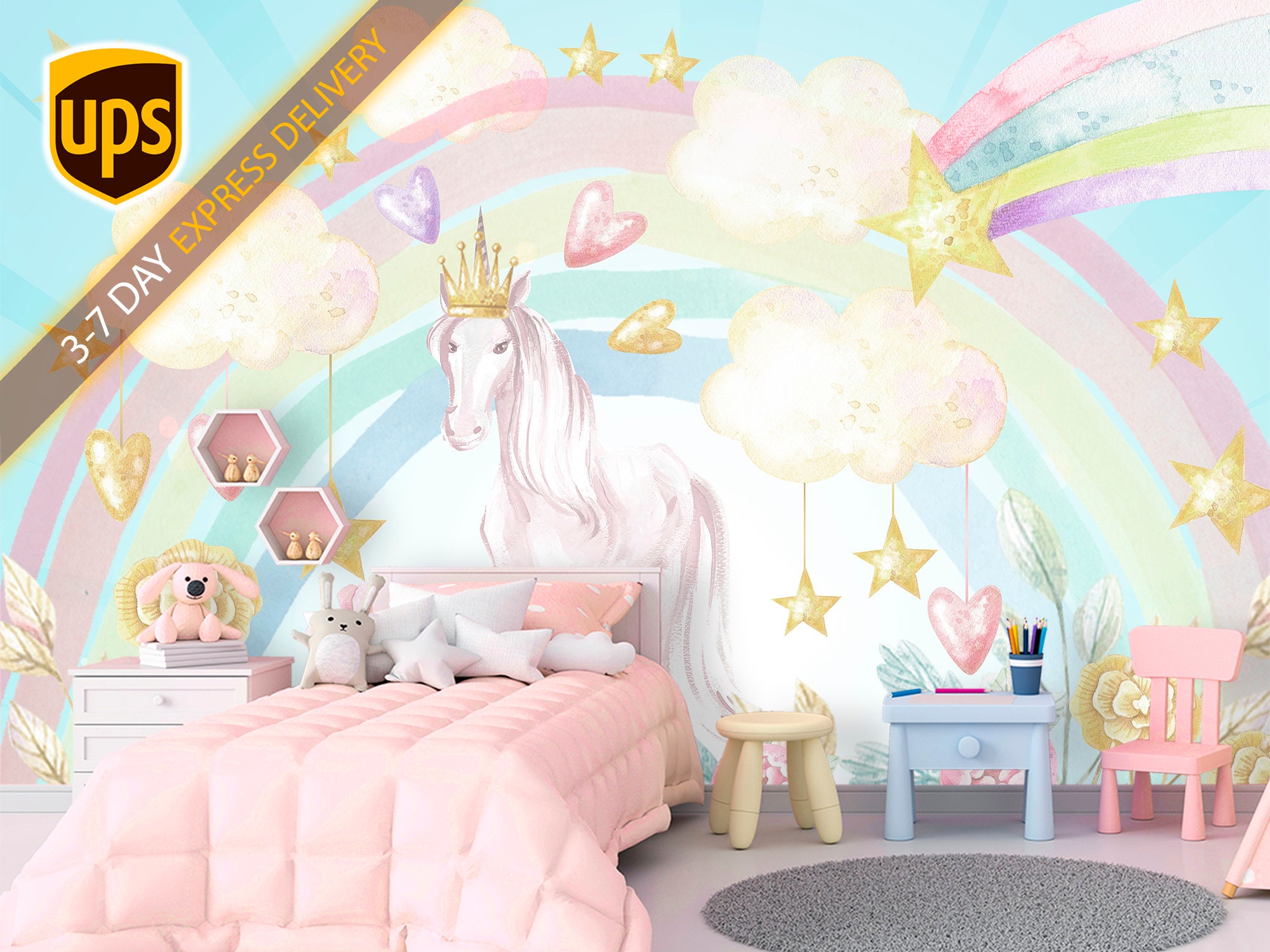 Unicorn Wallpaper for Girls Room Removable Unicorn Wall Mural Peel Stick Rainbow Wallpaper Princess Room Accent Wall Art Nursery KN992 Etsy