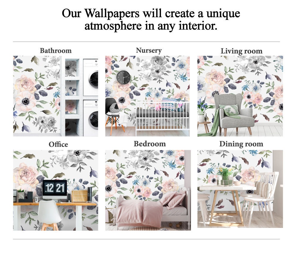 Removable Floral Wallpaper. Color Flowers Wallpaper. Eco | Etsy