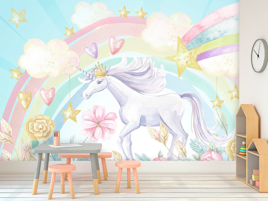 Unicorn Accent Wallpaper Girls Room. Unicorn Theme Wall Mural Peel ...