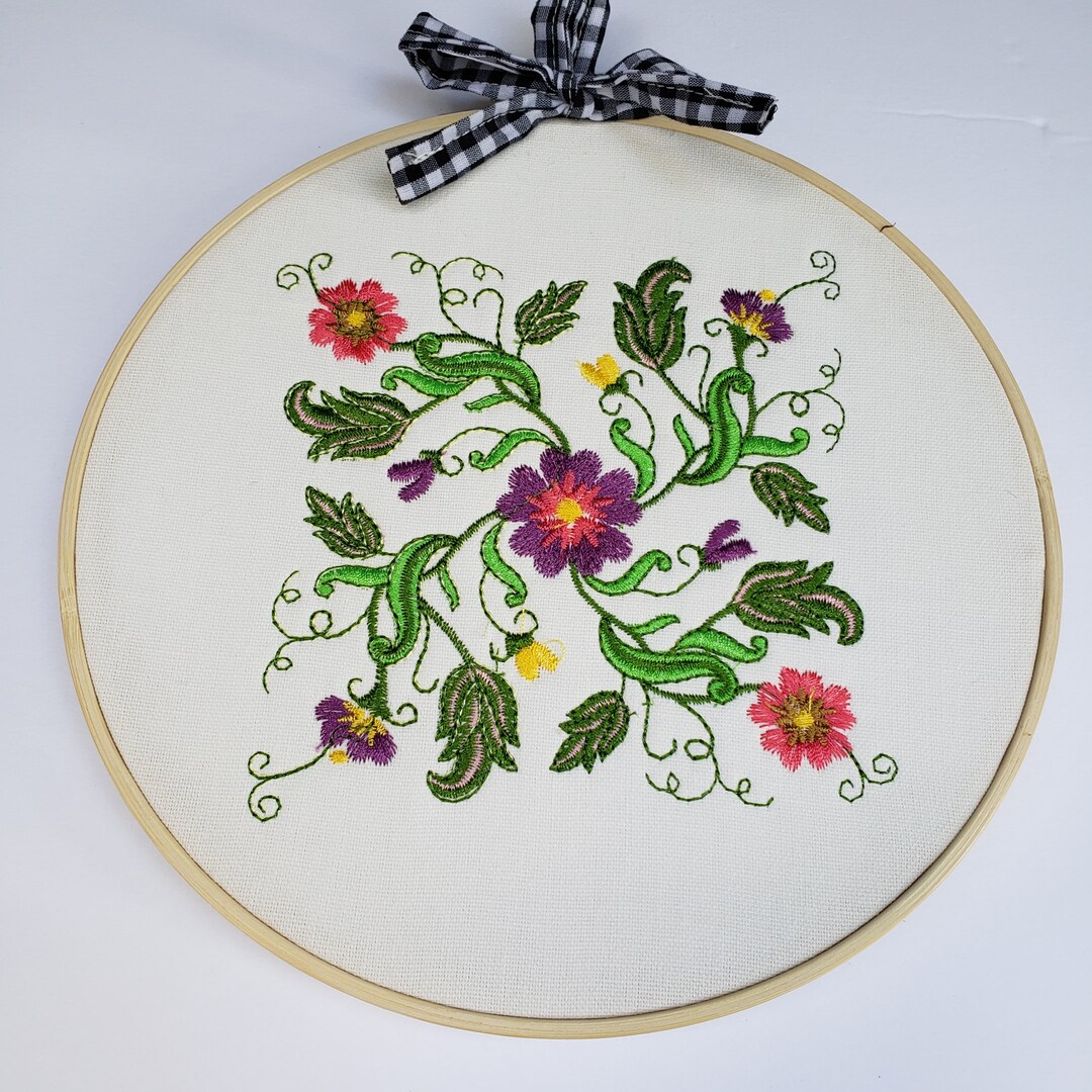 Hoop Wall Art Hanging With Embroidery Floral Design, Finished Bamboo ...