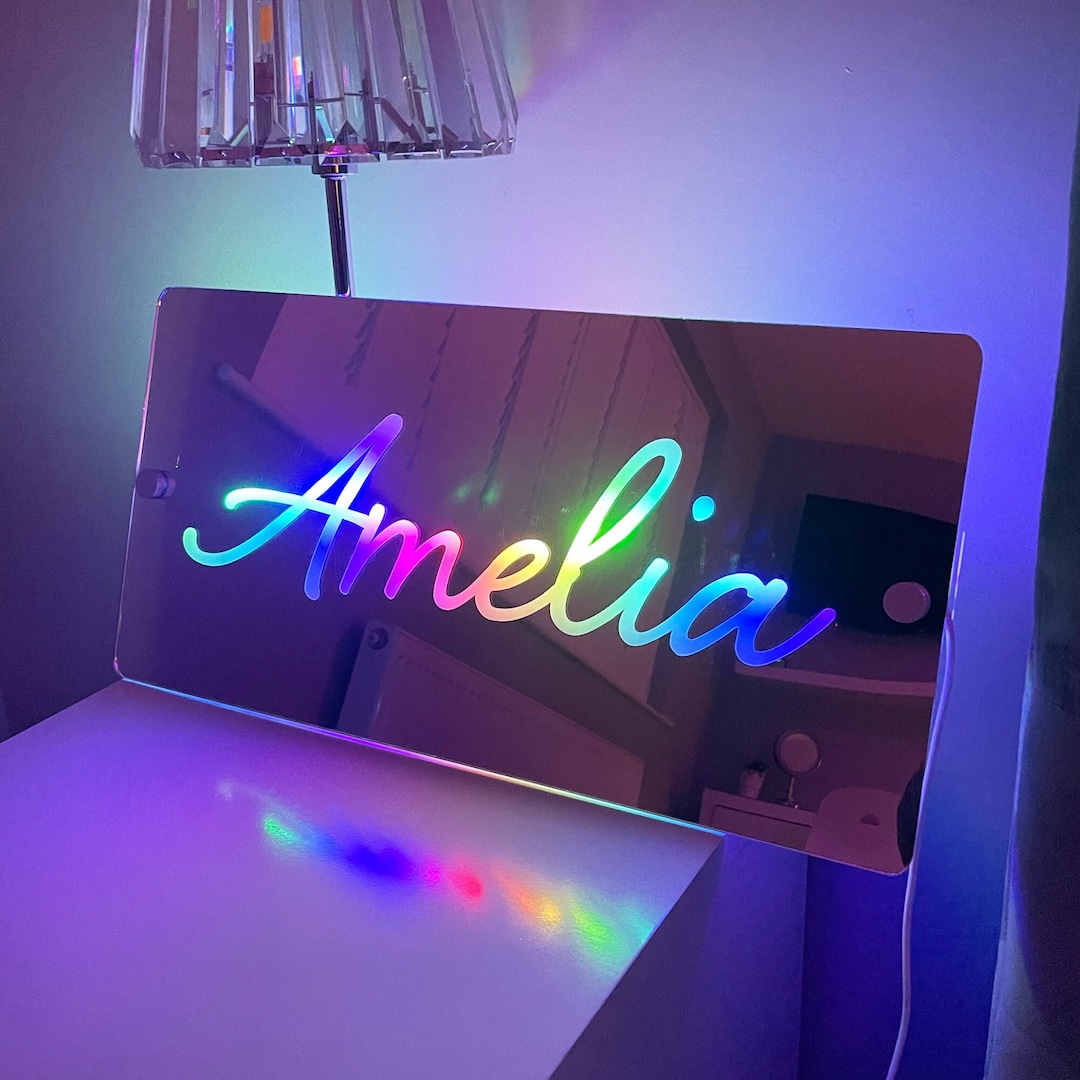 Personalised Name Mirror Sign, LED Custom Neon Illuminated Light up ...