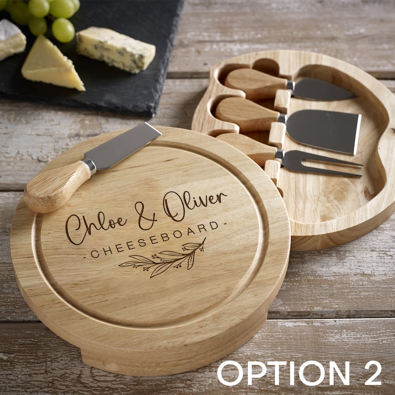 Personalised Round Cheese Board Set: Rustic Engraved Charcuterie Board ...