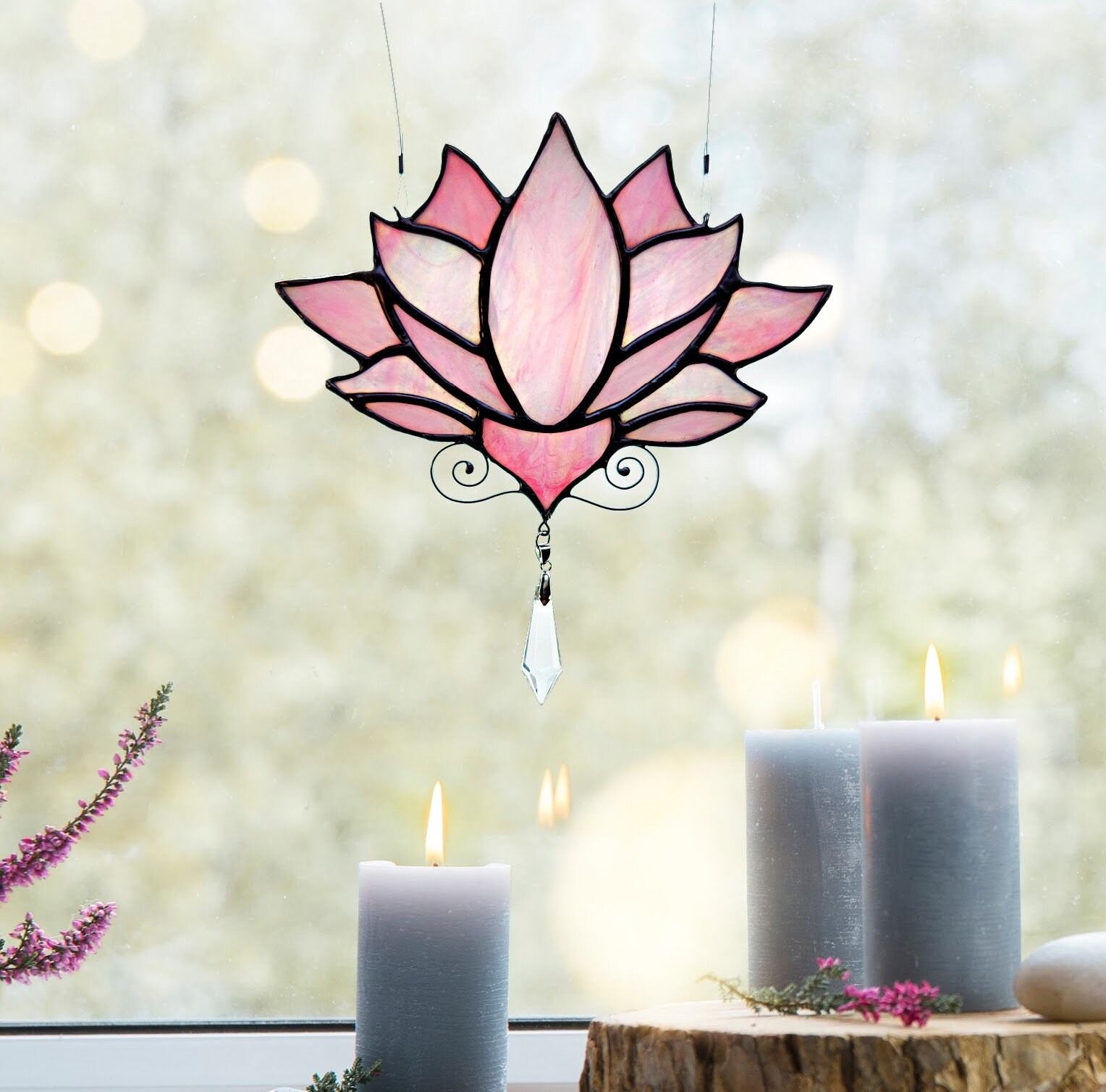 Lotus Flower Stained Glass Window Hanging, Boho Home Decor, Flower ...