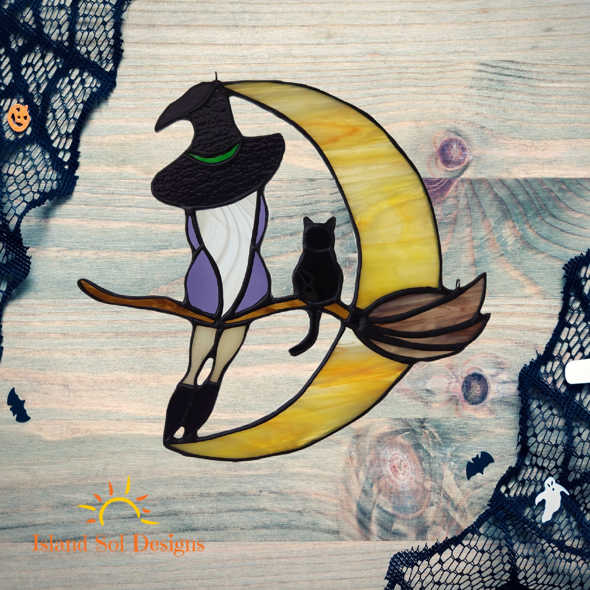 Witch Stained Glass Window Hanging, Handcrafted Kitchen Witch ...