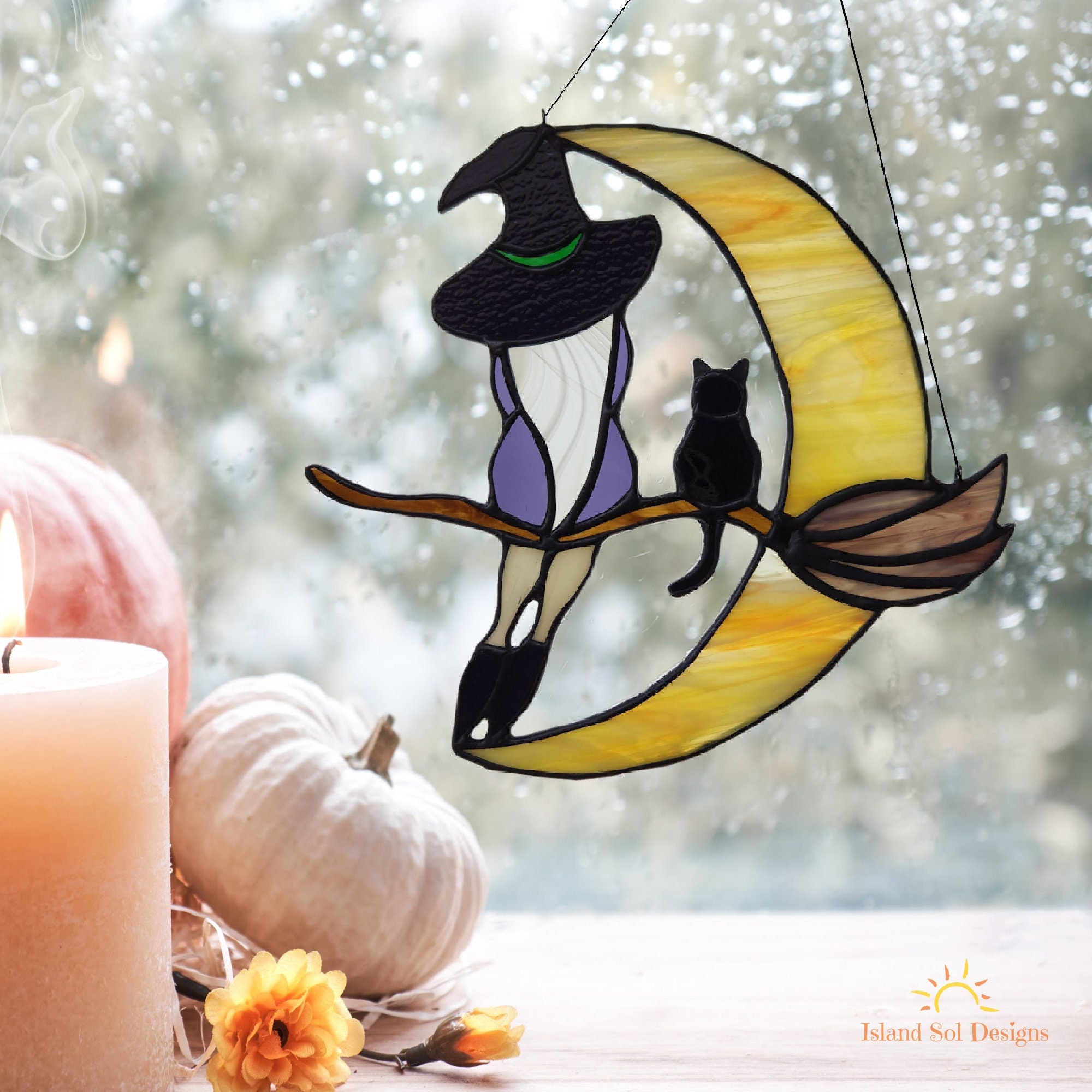 Witch Stained Glass Window Hanging, Handcrafted Kitchen Witch ...