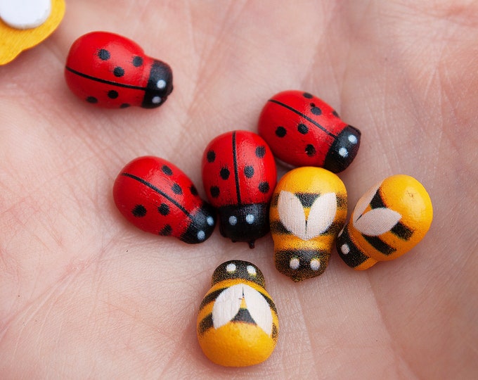 Ladybugs & Bumblebees 100 Pk for Miniature Fairy Gardens Wooden Stick ...