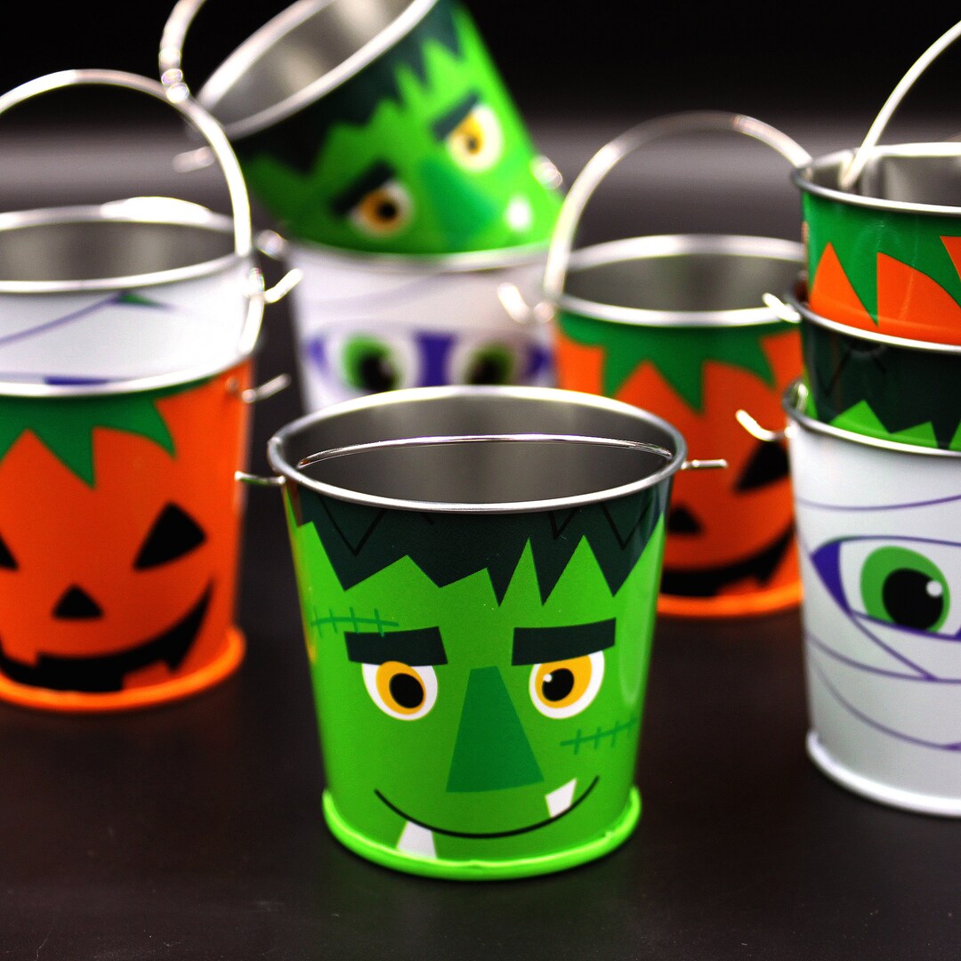Halloween Buckets 3 Pk Miniature Metal Pumpkin, Frankenstein, Mummy or ...