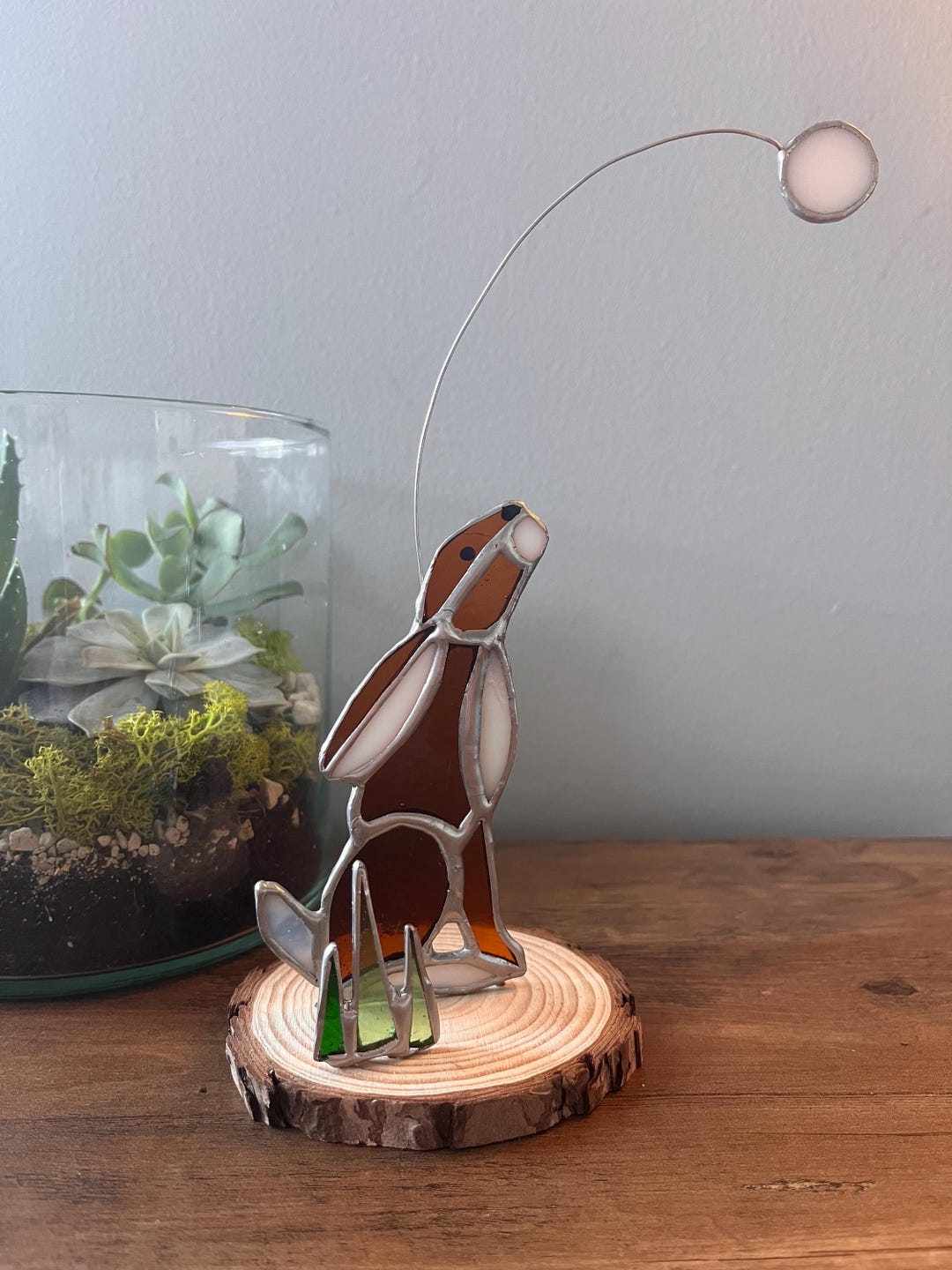 Moon Gazing Brown Stained Glass Hare Ornament - Etsy UK