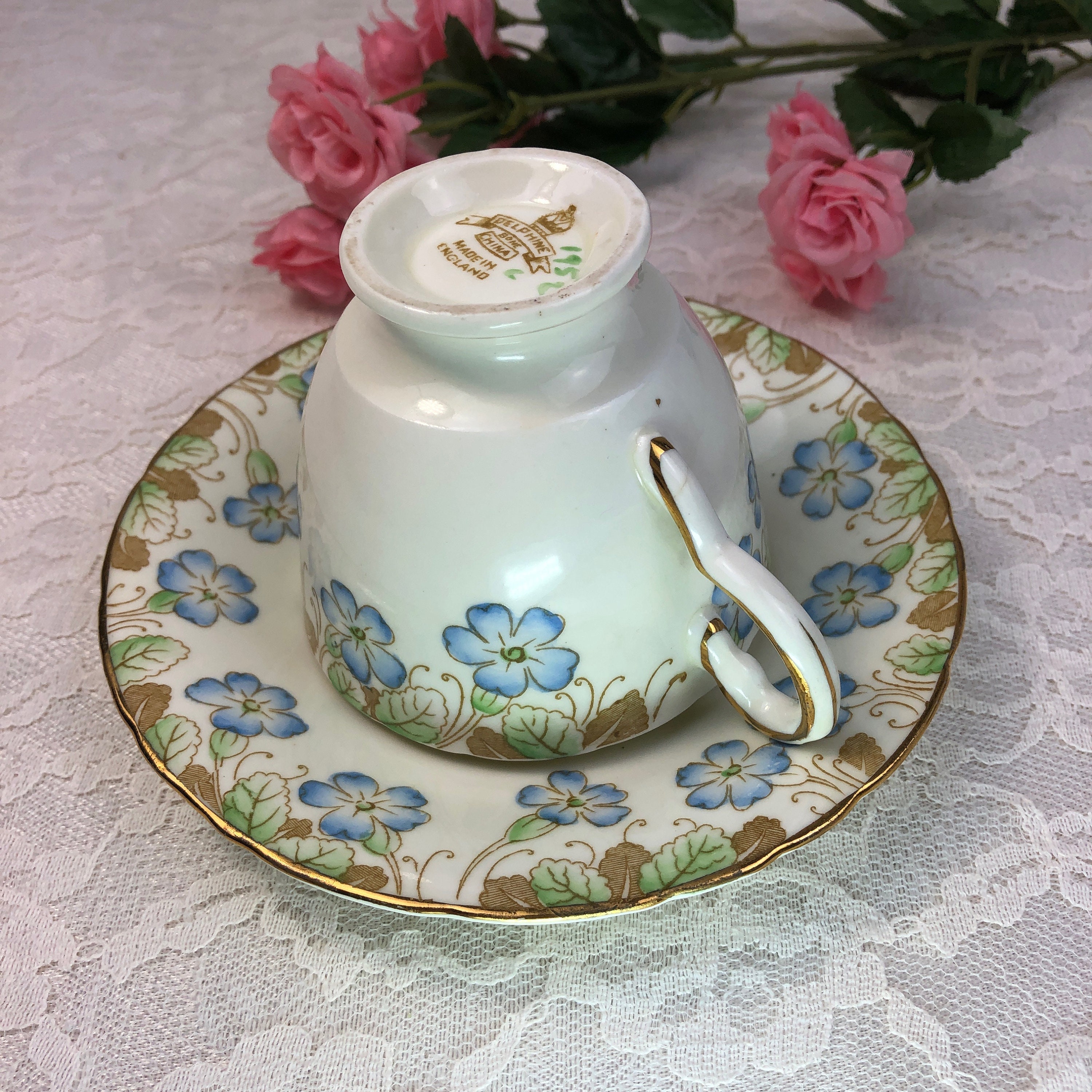 Delphine bone china footed teacup and saucer made in England | Etsy
