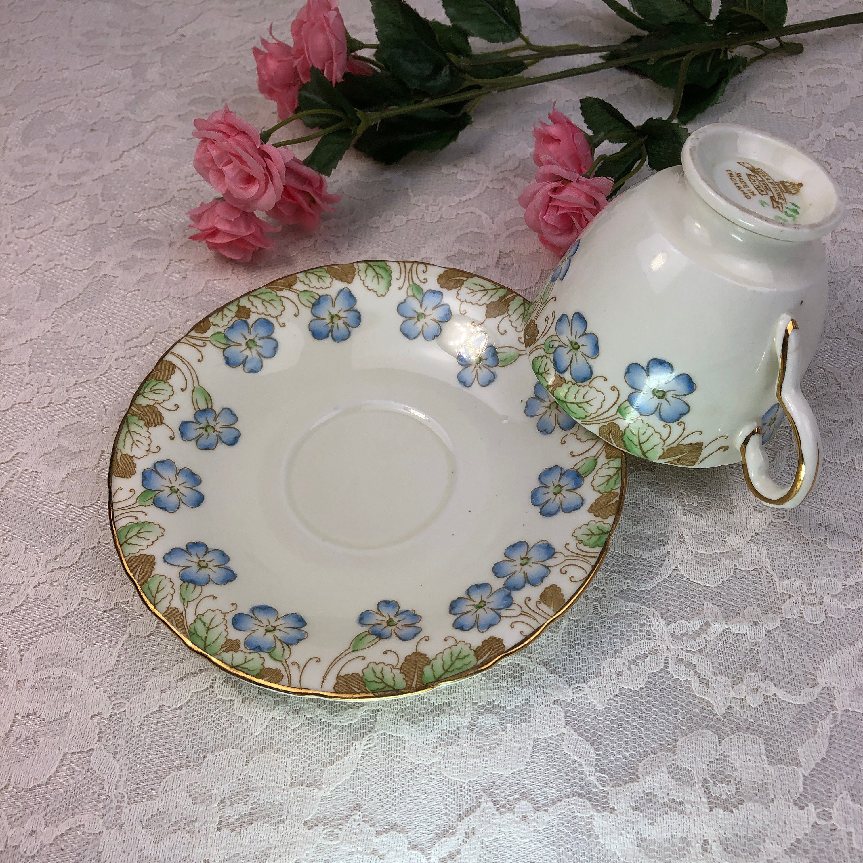 Delphine bone china footed teacup and saucer made in England | Etsy