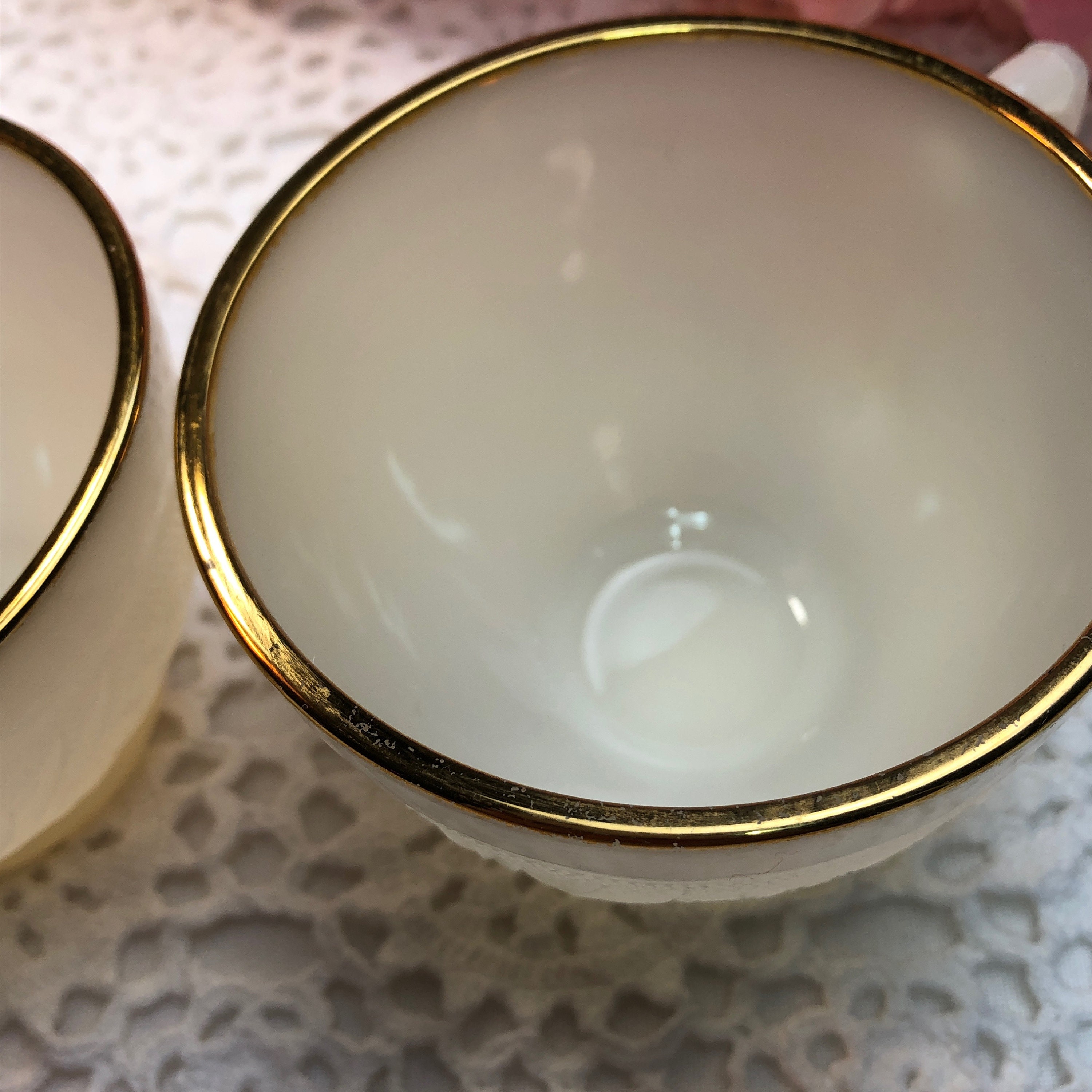 Intricately molded milk glass with gilded rim set of 2 | Etsy