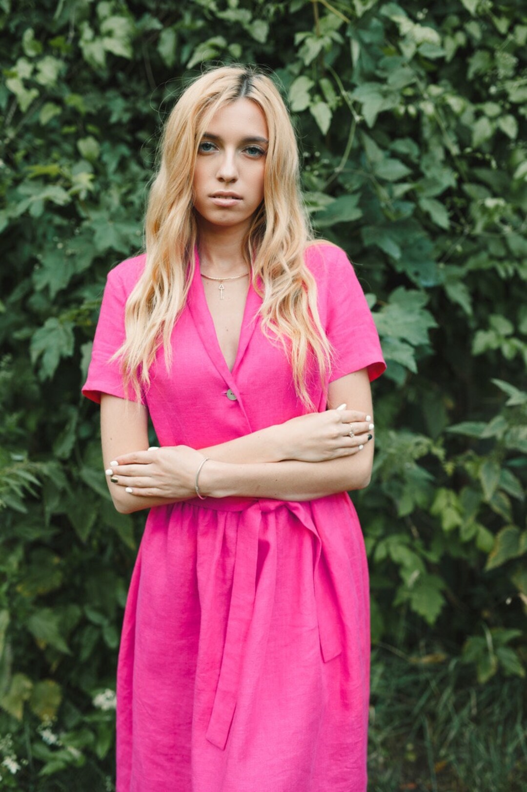 AUDREY Close Fitting Linen Dress, Dress With Shawl Collar, Pleated ...