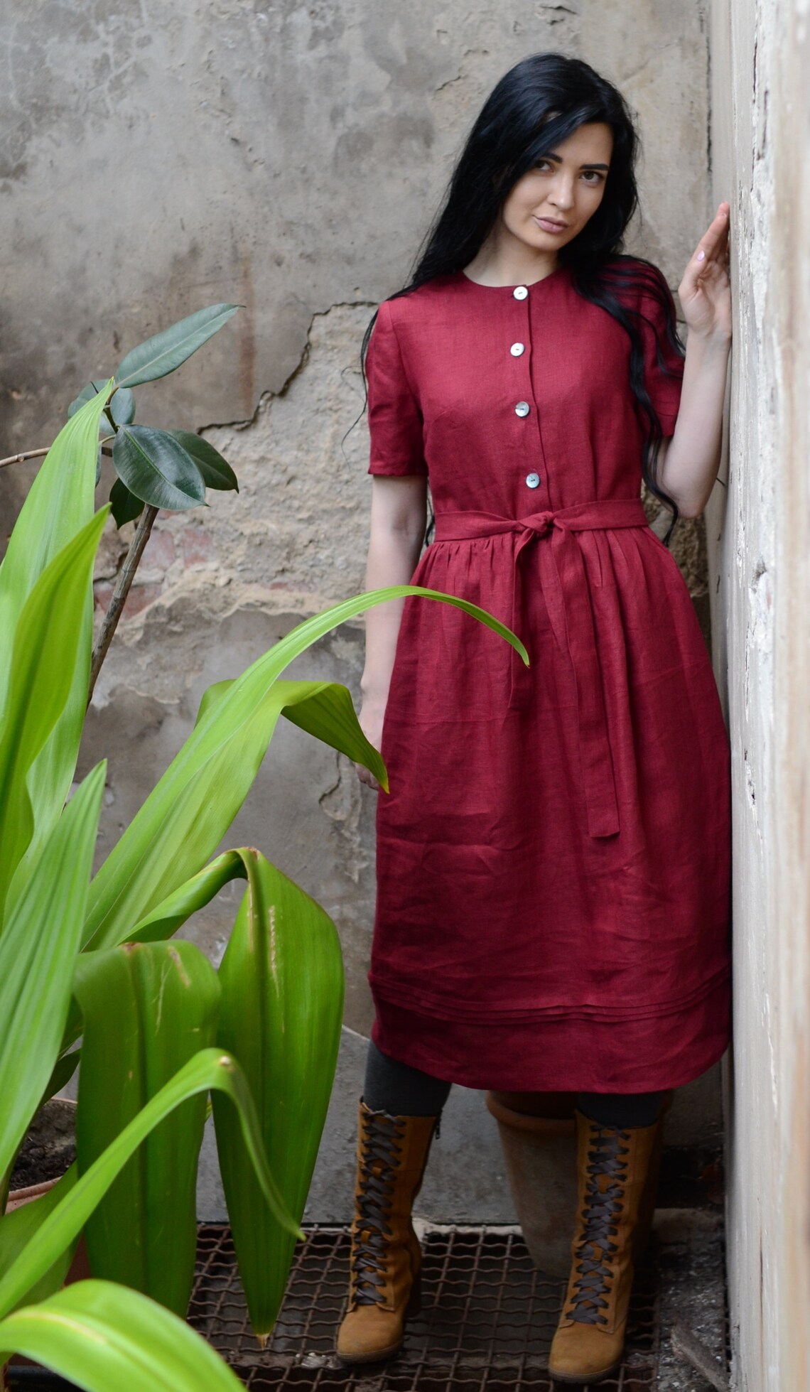 Close Fitting Linen Dress BELLA, Midi Dress, Casual Maxi Dress, Front ...