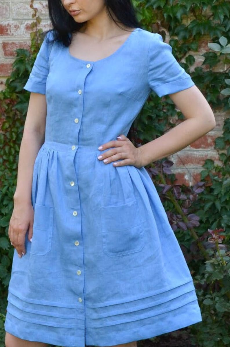 ELLA Close Fitting Linen Dress, Midi Dress With Sleeves, Ruffle Dress ...