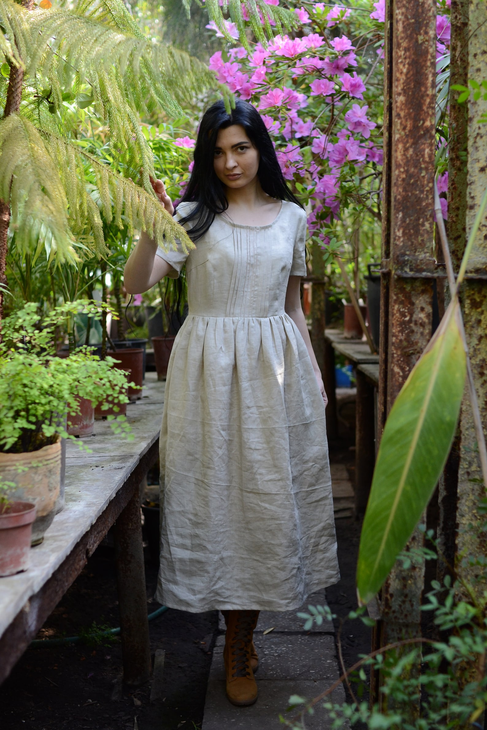 ELIZABETH Close Fitting Dress Natural Linen Midi Dress - Etsy