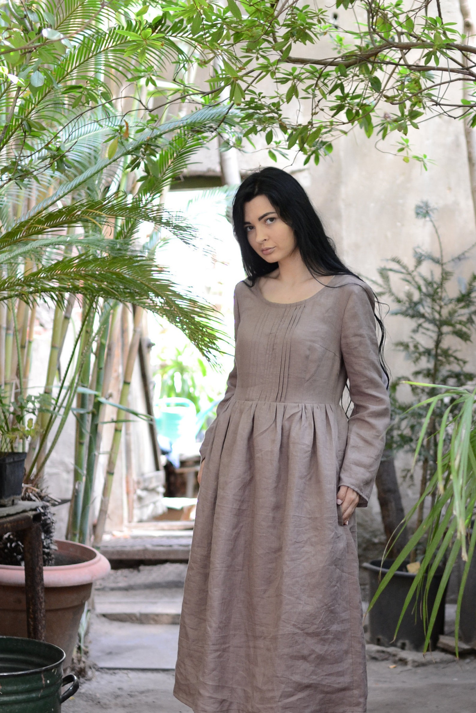 ELIZABETH Close Fitting Dress, Natural Linen Midi Dress, Maxi Dress ...