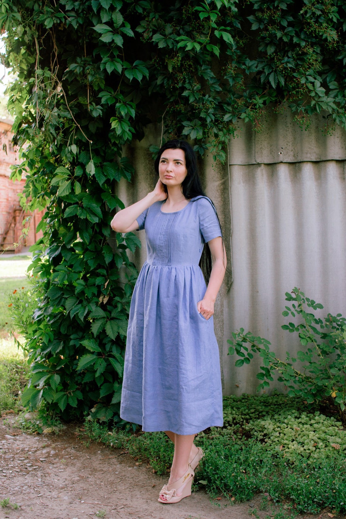 ELIZABETH Close Fitting Dress, Natural Linen Midi Dress, Evening Maxi ...