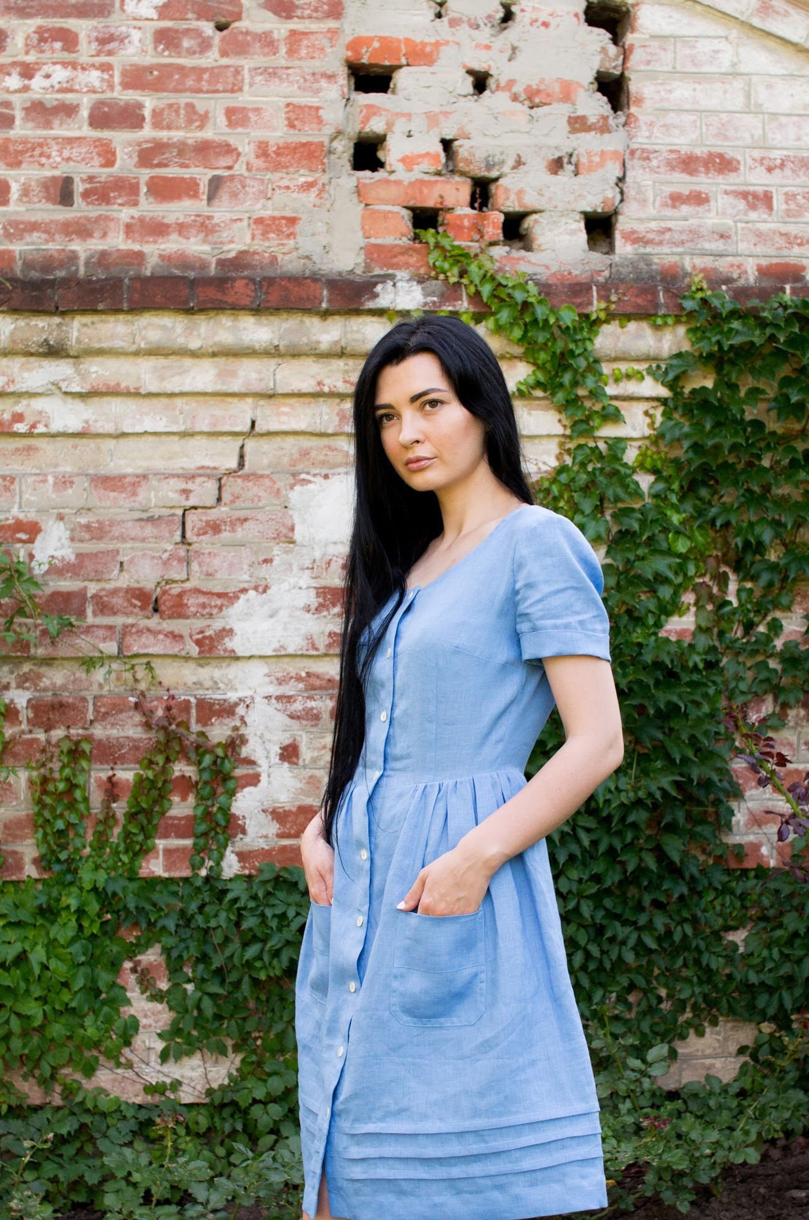 ELLA Close Fitting Linen Dress, Midi Dress With Sleeves, Ruffle Dress ...