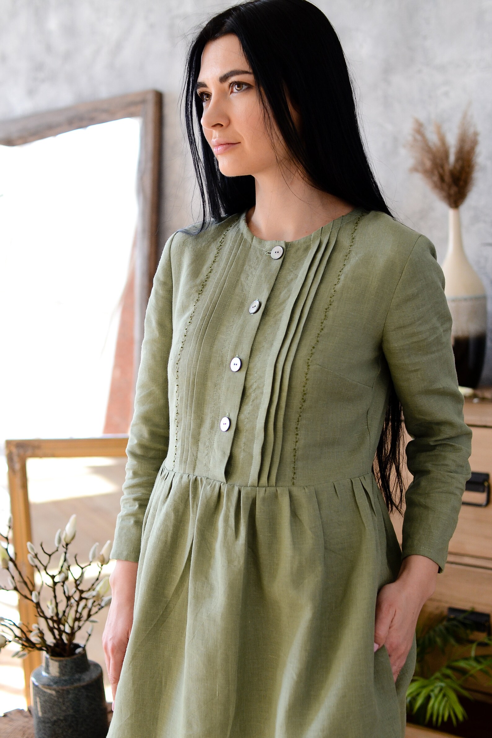 VIOLA Basic Loose Fitting Linen Dress Long Dress With Tucks - Etsy