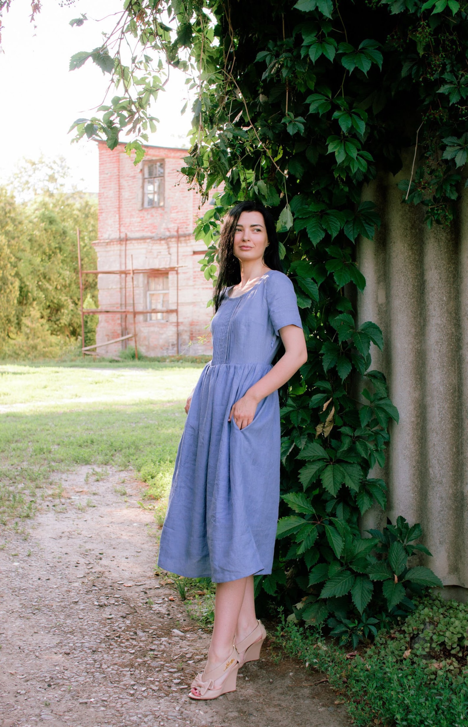 ELIZABETH Close Fitting Dress, Natural Linen Midi Dress, Evening Maxi ...