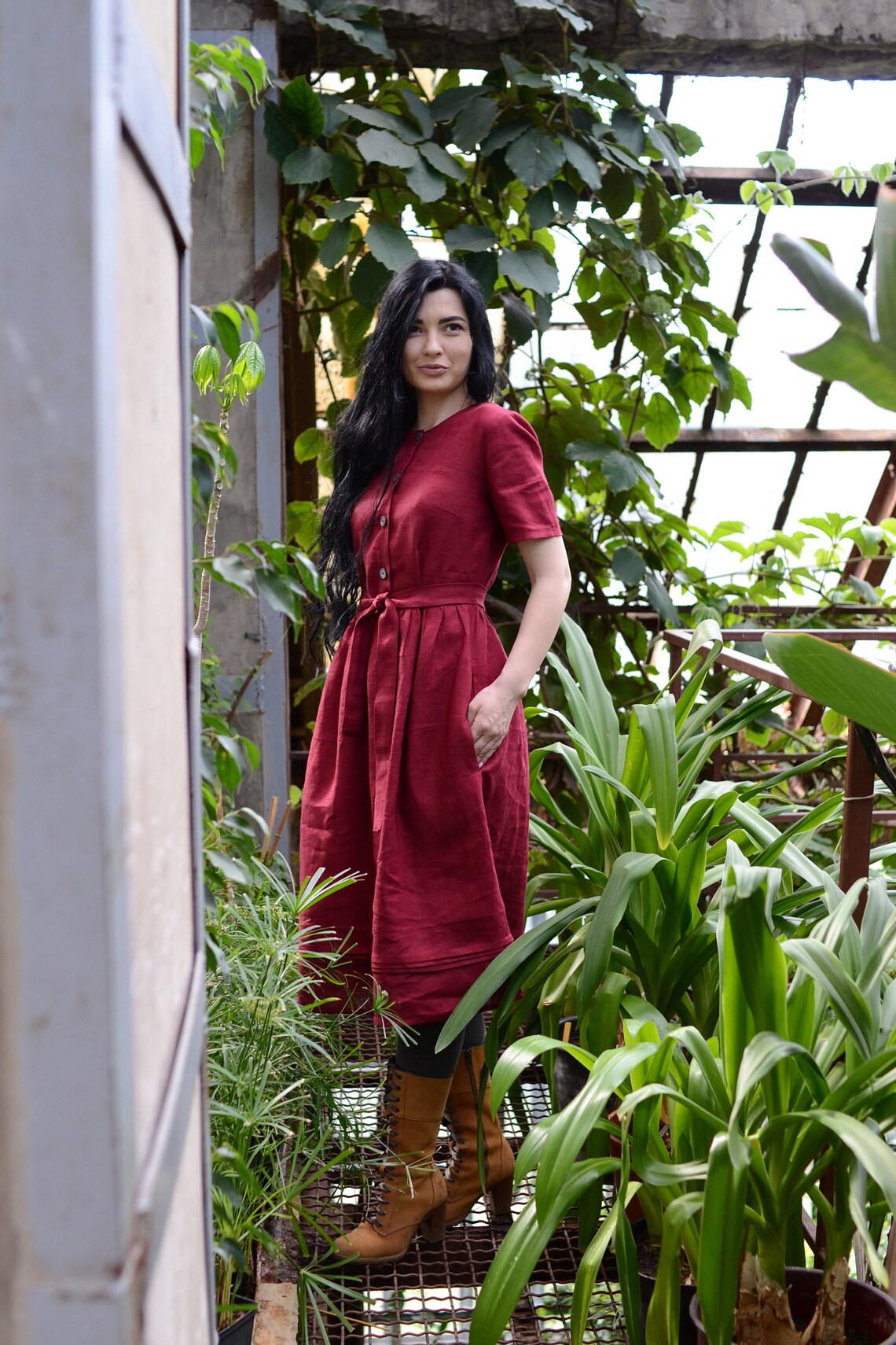Close Fitting Linen Dress BELLA, Midi Dress, Casual Maxi Dress, Front ...