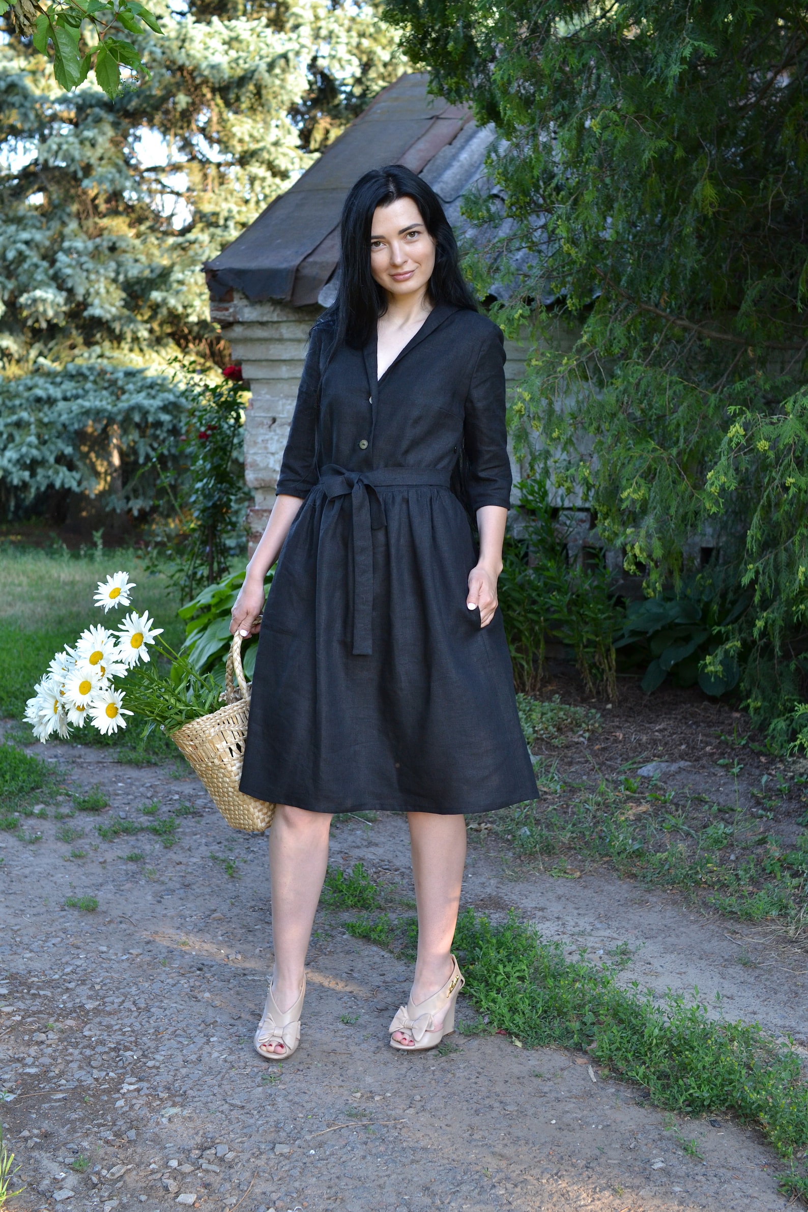 AUDREY Close Fitting Linen Dress Dress With Shawl Collar - Etsy Australia