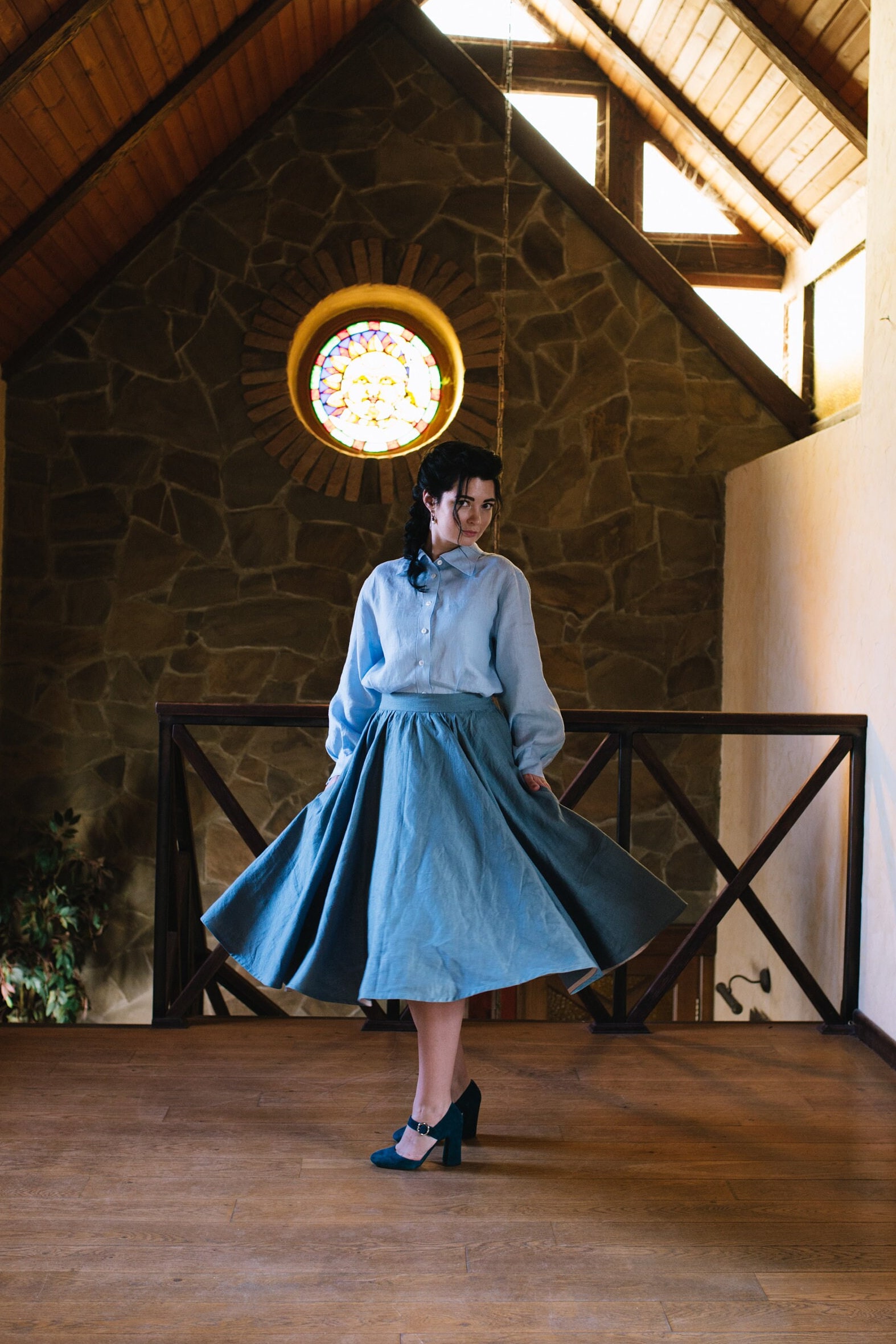 AURORA Gathered Full Circle Skirt Tailored Linen Skirt - Etsy