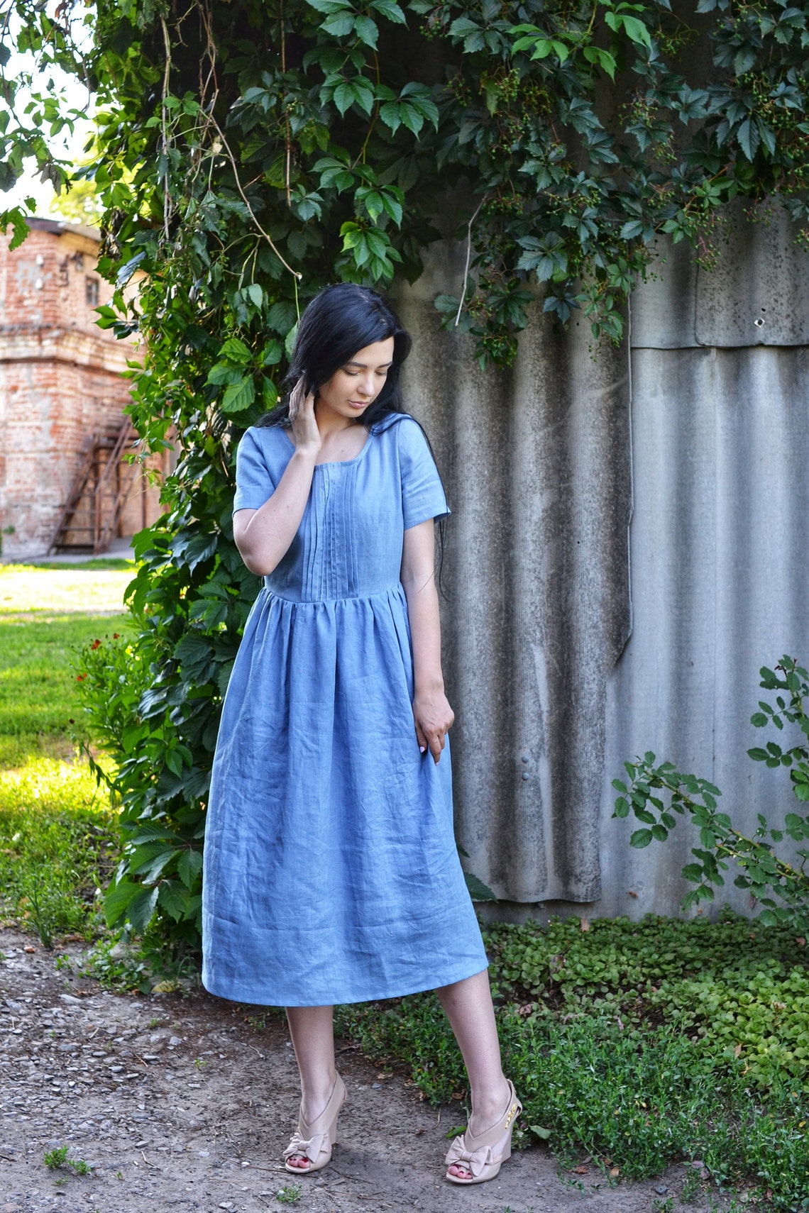 ELIZABETH Close Fitting Dress Natural Linen Midi Dress - Etsy