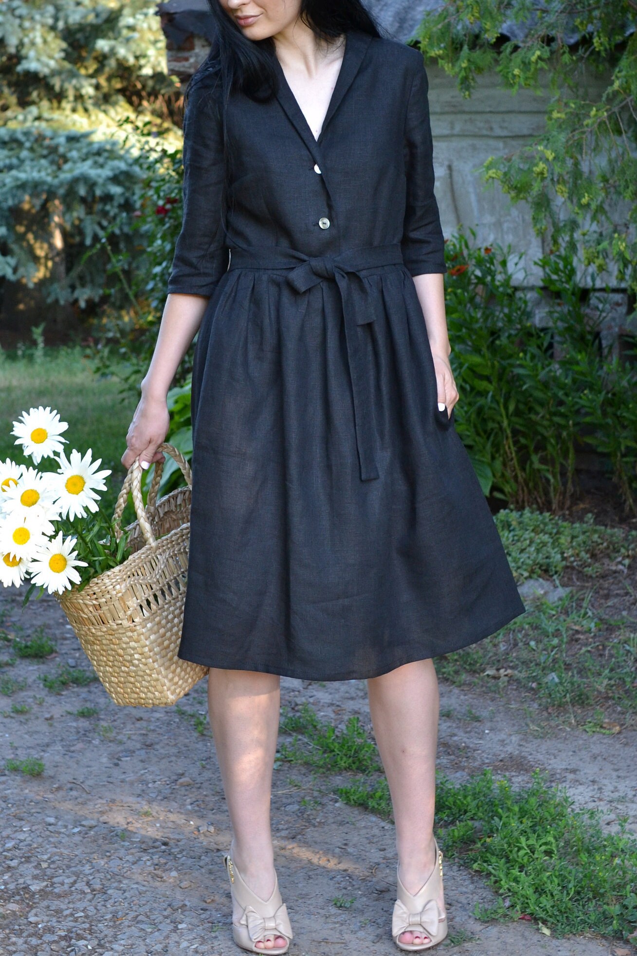 AUDREY Close Fitting Linen Dress Dress With Shawl Collar - Etsy Australia