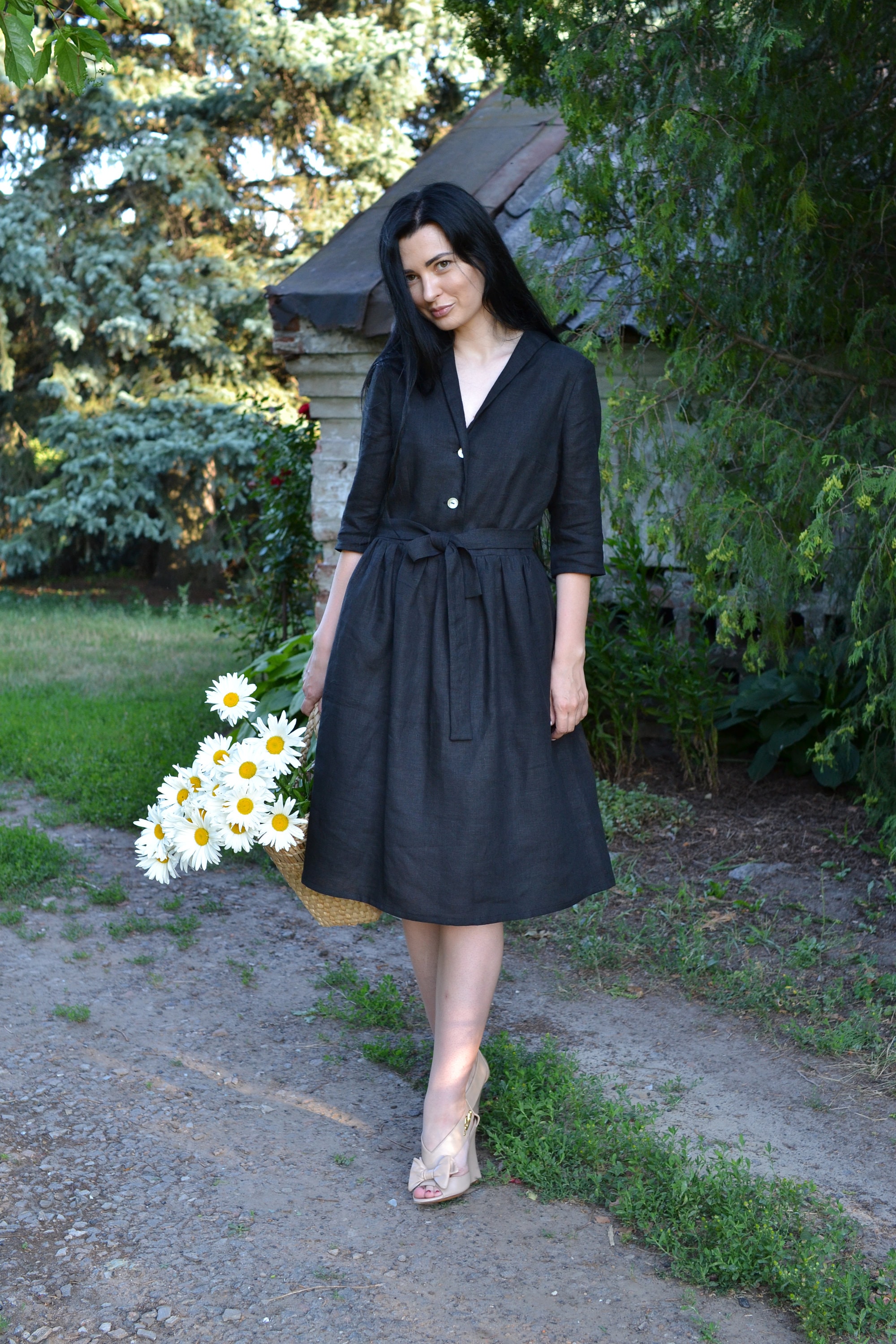 AUDREY Close Fitting Linen Dress Dress With Shawl Collar - Etsy Australia