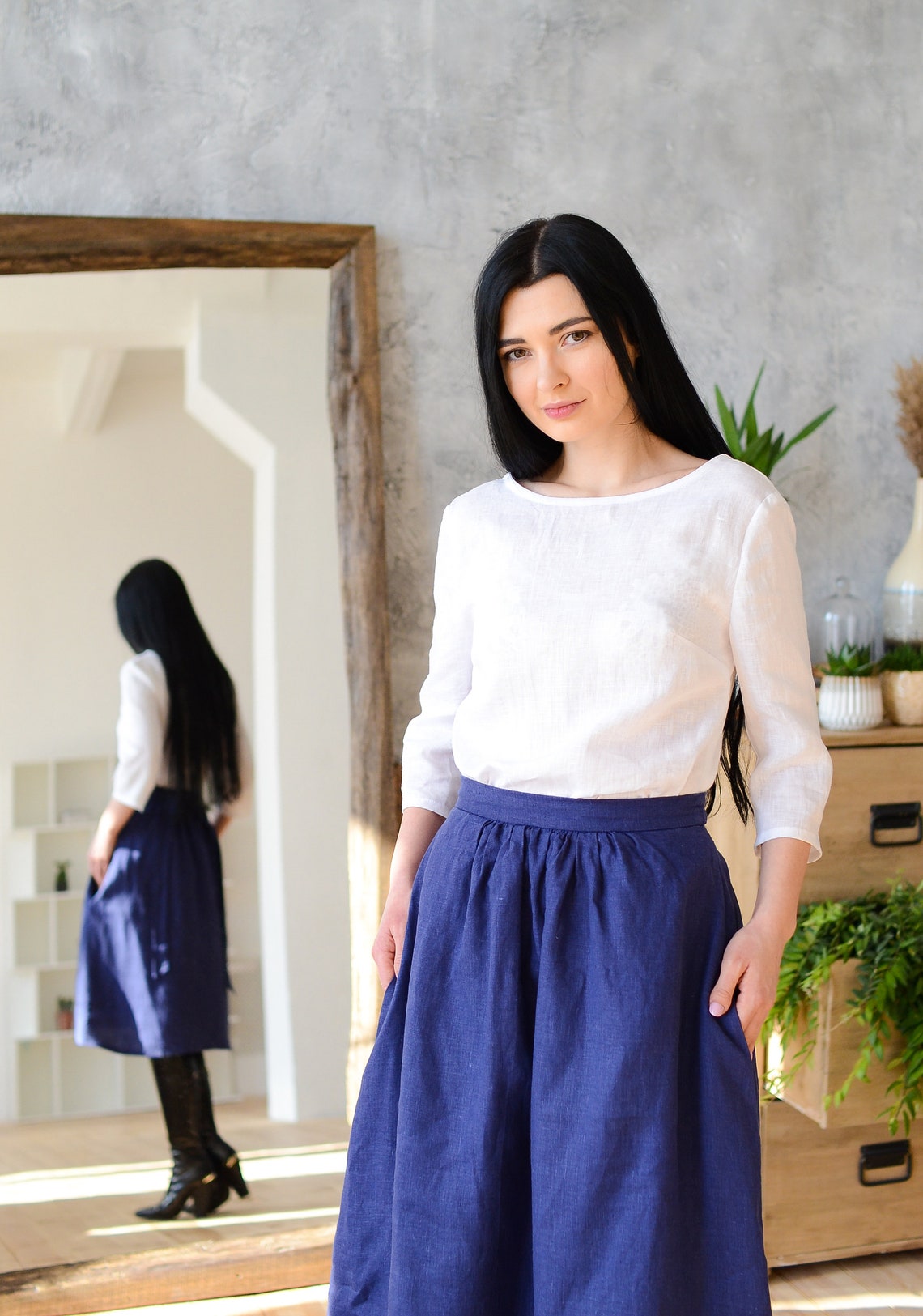 Women's Loose Fitting Linen Blouse With Sleeves, Open Back and Handmade ...