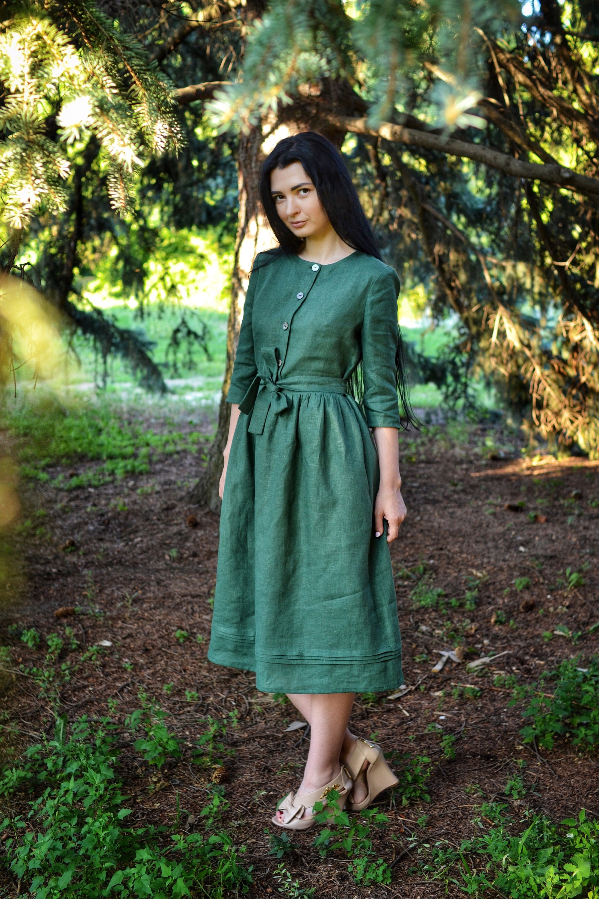 BELLA Close Fitting Linen Dress , Midi Dress, Casual Maxi Dress, Front ...